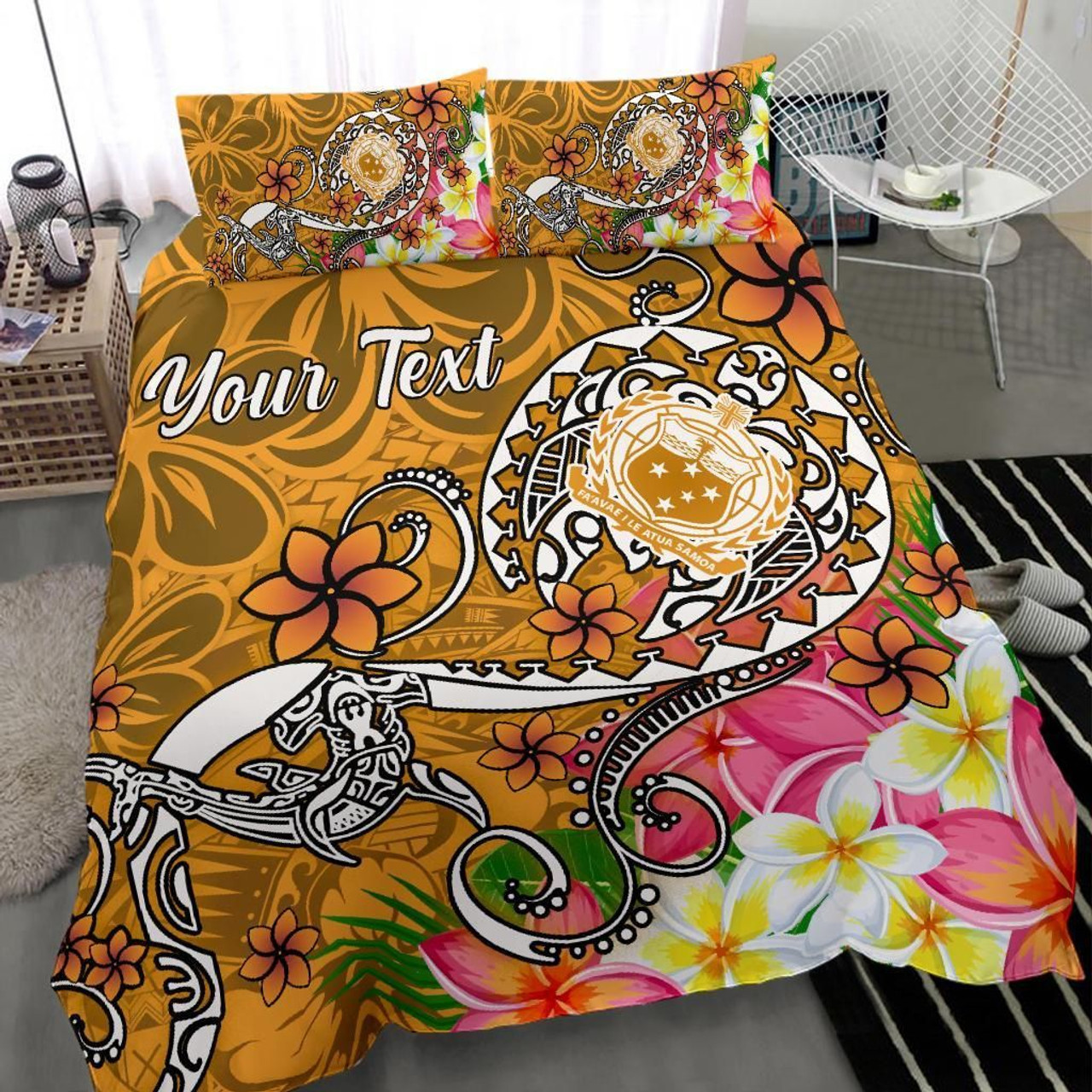 Samoa Custom Personalised Bedding Set Turtle Plumeria Gold