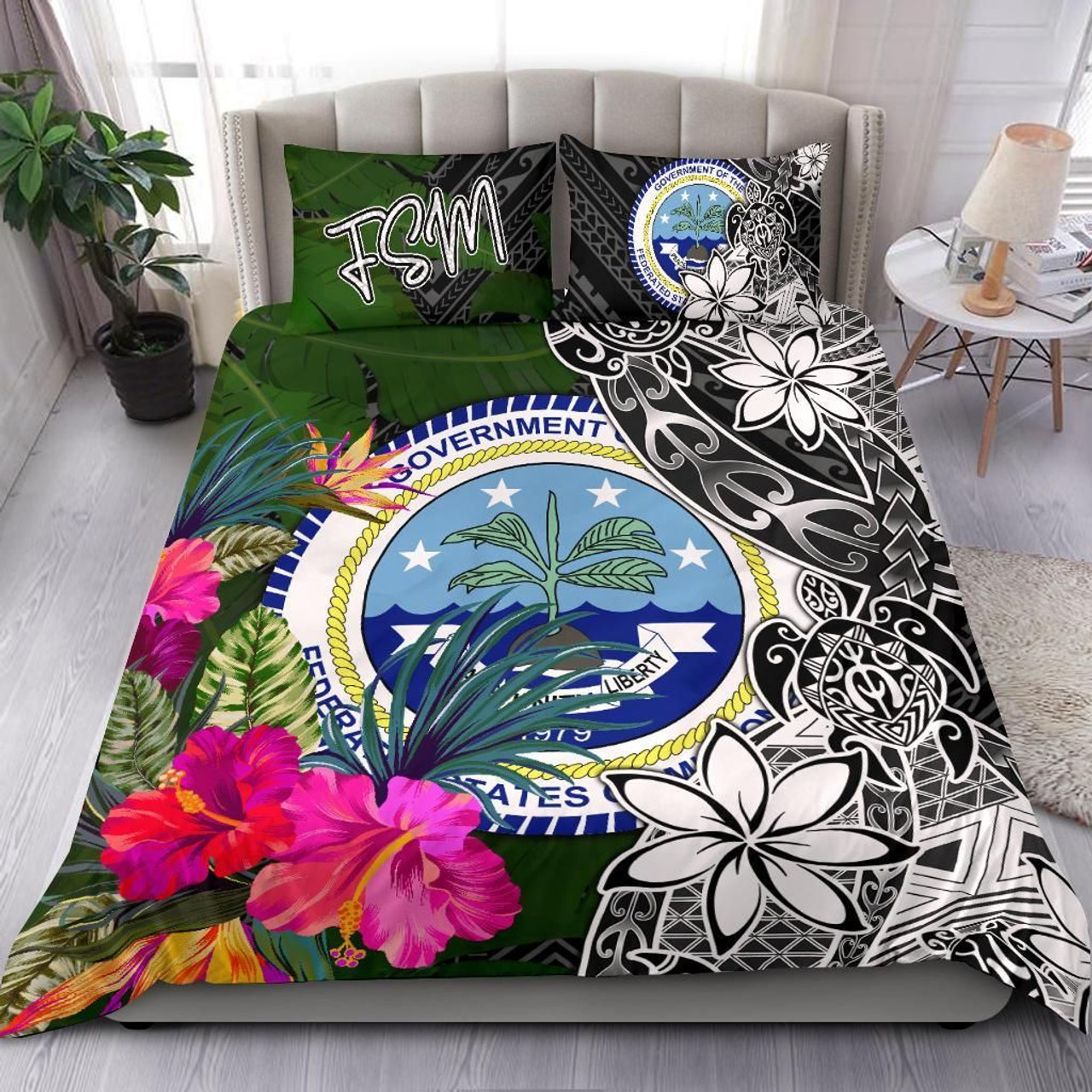 Federated States Of Micronesia Bedding Set Turtle Plumeria Banana Leaf
