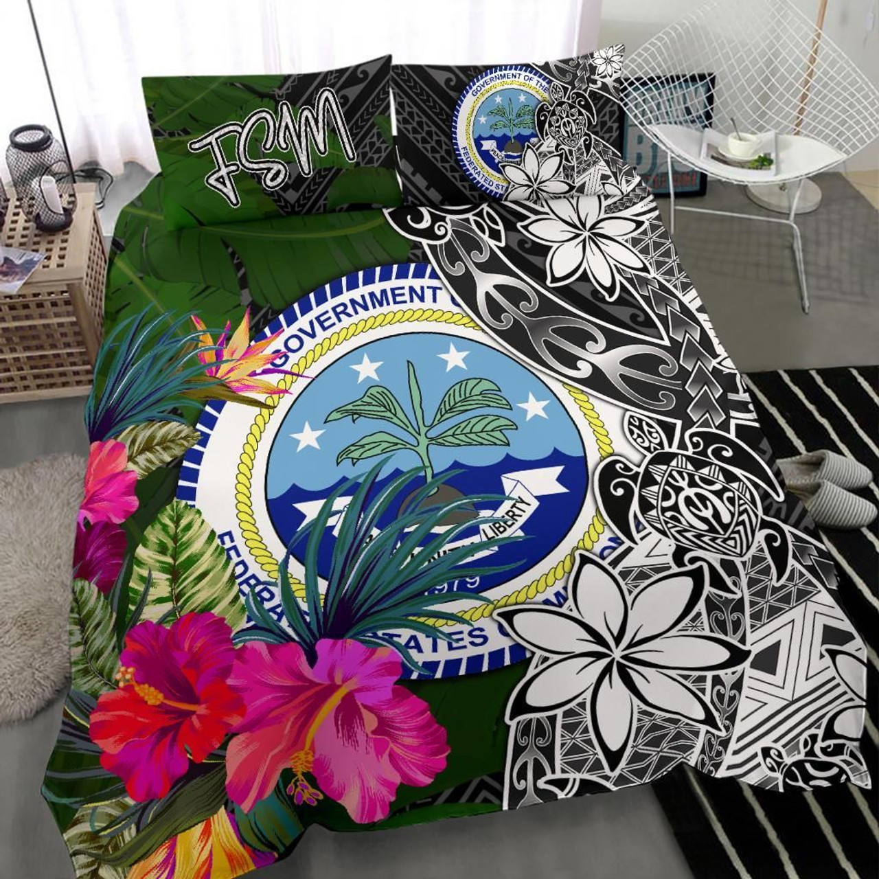 Federated States Of Micronesia Bedding Set Turtle Plumeria Banana Leaf