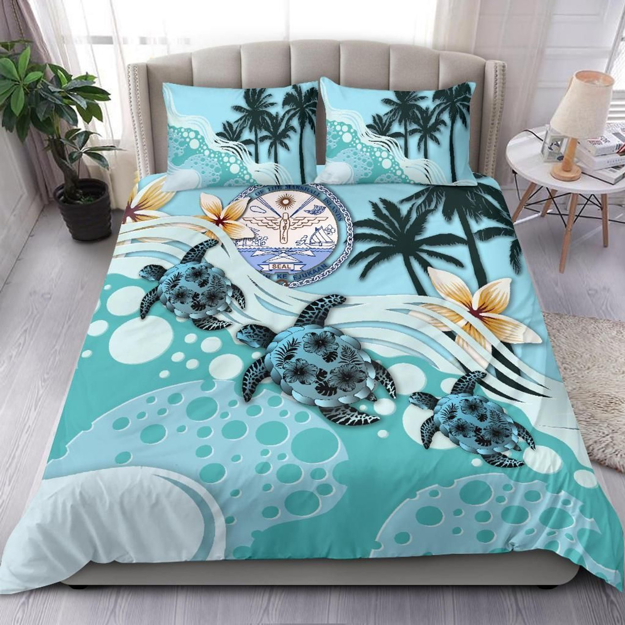 Polynesian Duvet Cover Set Marshall Islands Bedding Set Blue Turtle