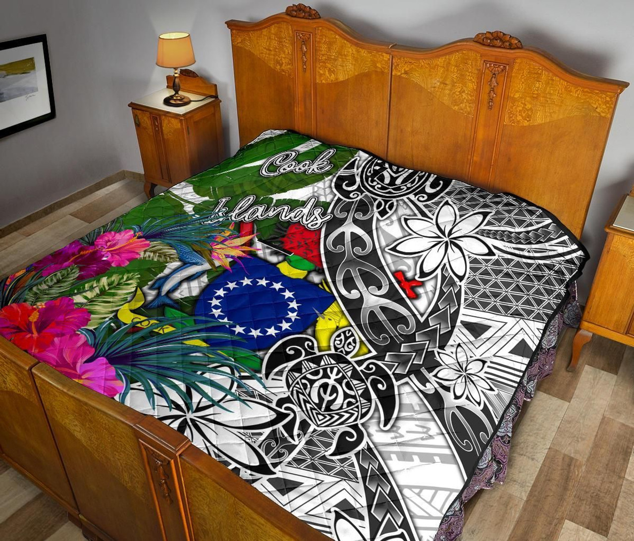 Cook Islands Premium Quilt White Turtle Plumeria Banana Leaf