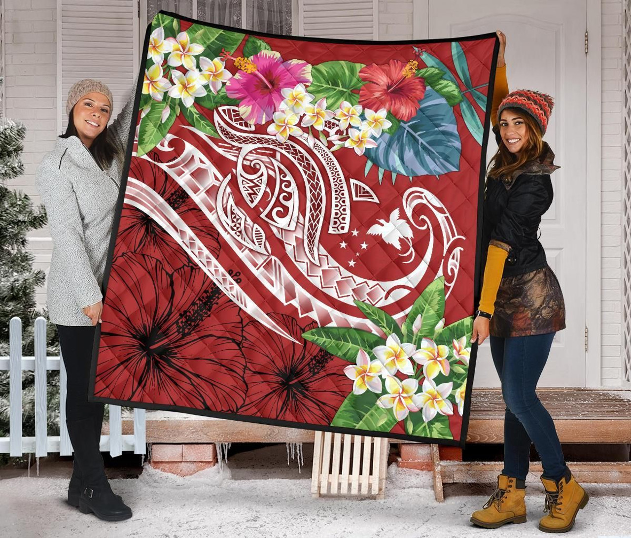 Papua New Guinea Polynesian Premium Quilt Summer Plumeria Red