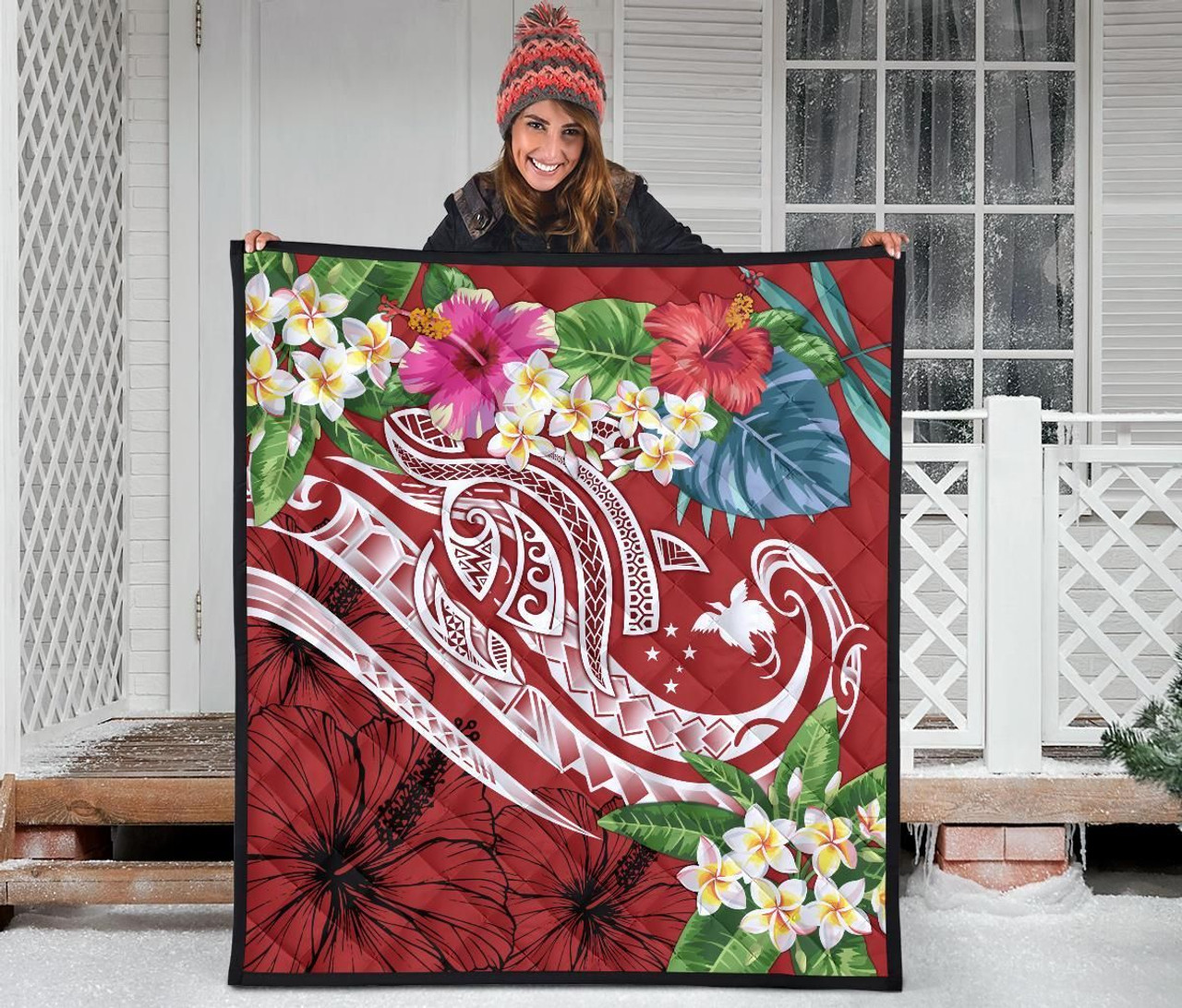Papua New Guinea Polynesian Premium Quilt Summer Plumeria Red