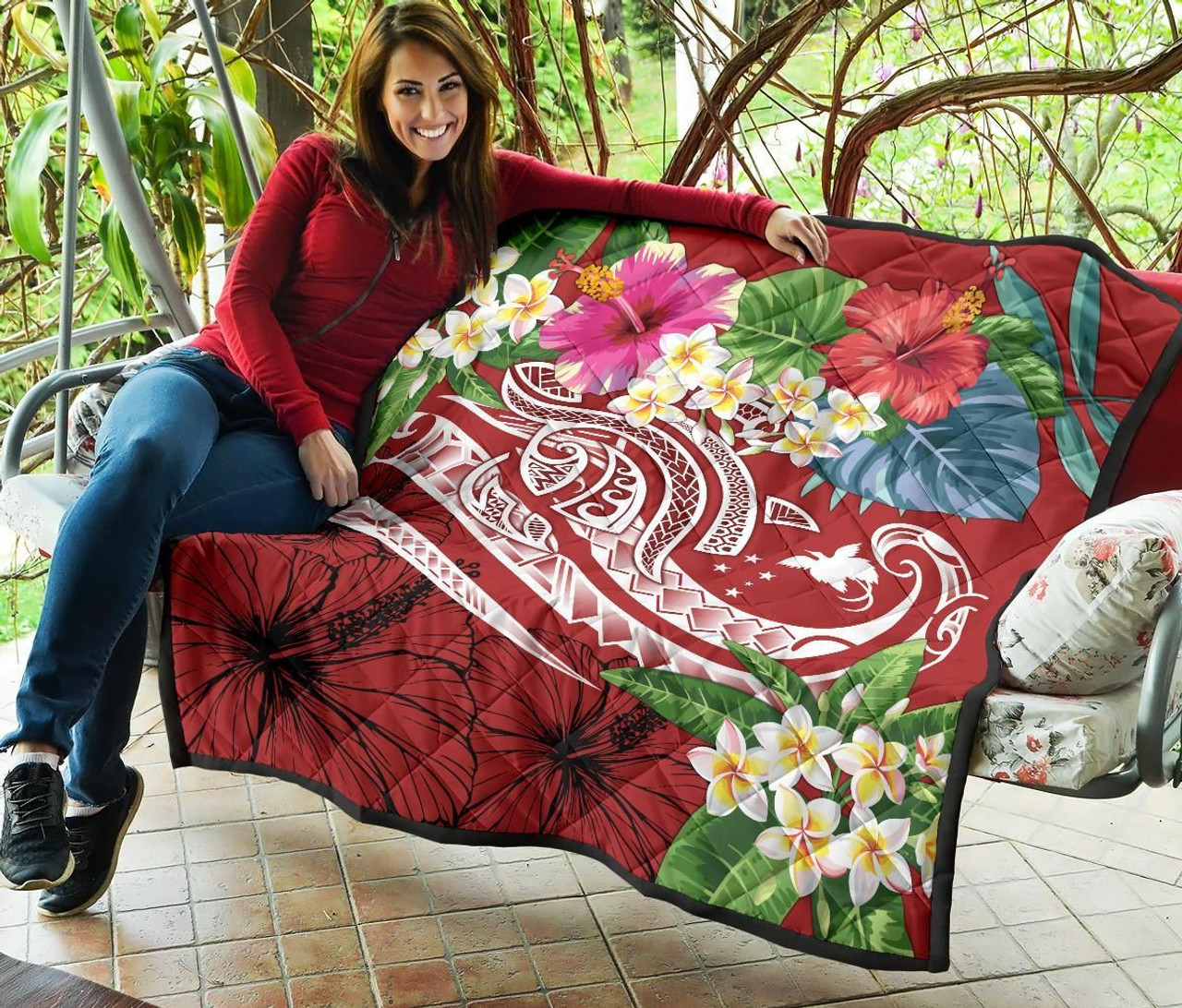 Papua New Guinea Polynesian Premium Quilt Summer Plumeria Red