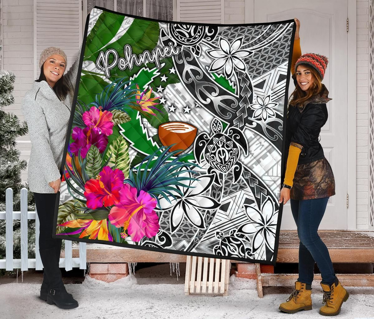 Pohnpei Premium Quilt White Turtle Plumeria Banana Leaf