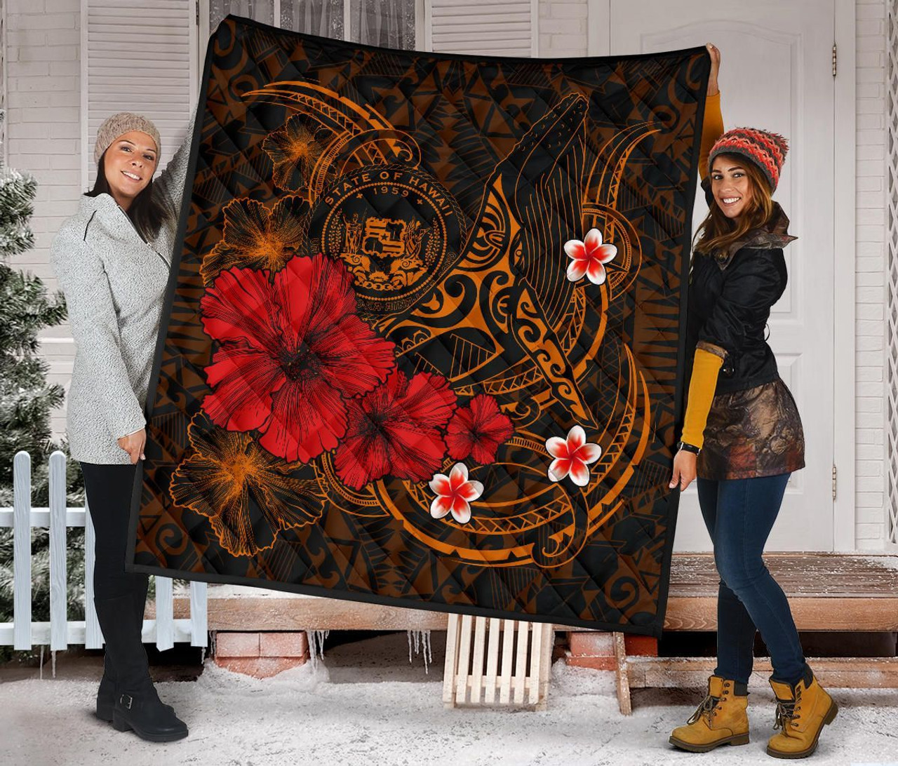 Polynesian Hawaii Premium Quilt Humpback Whale With Hibiscus Golden