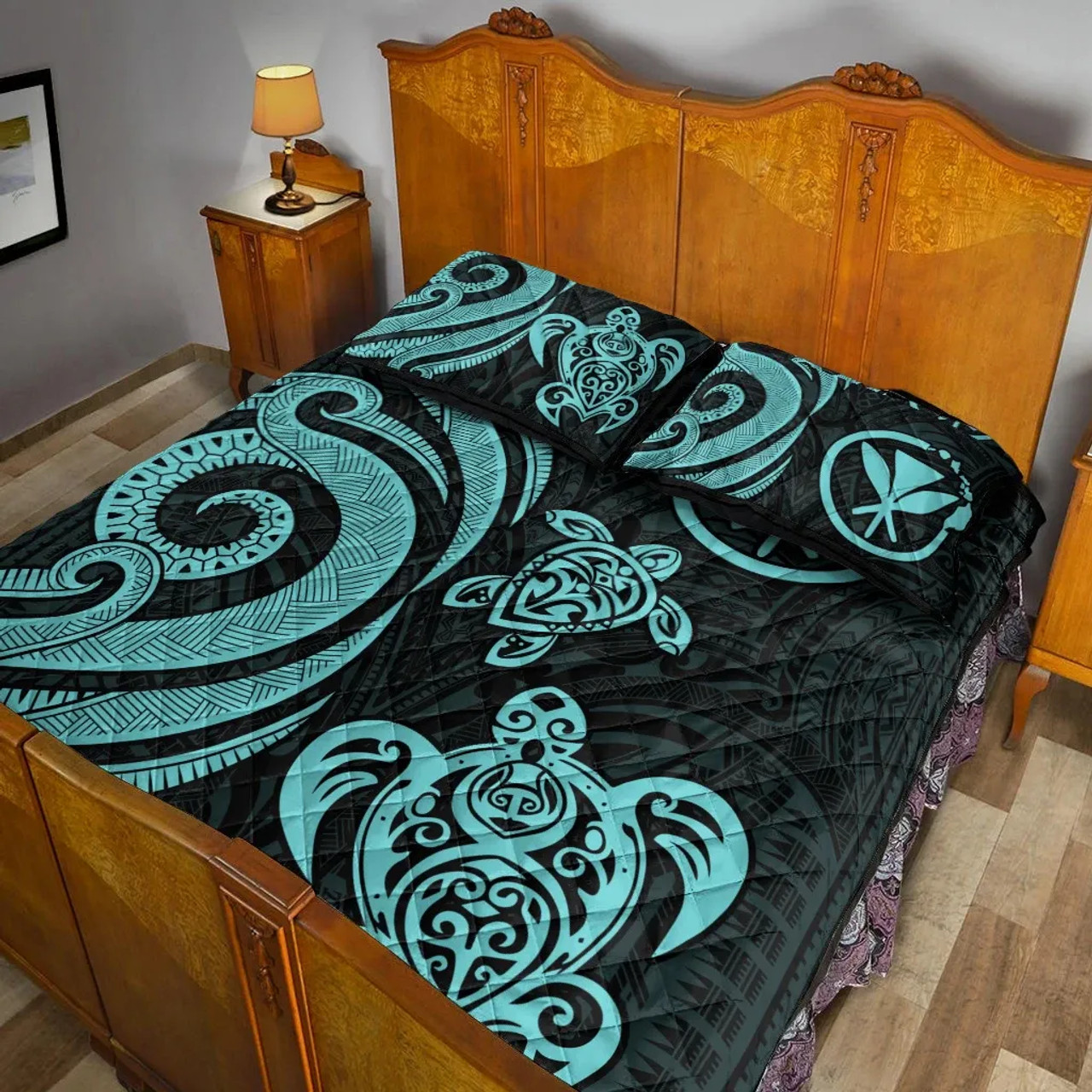 Hawaii Quilt Bed Set Turquoise Tentacle Turtle