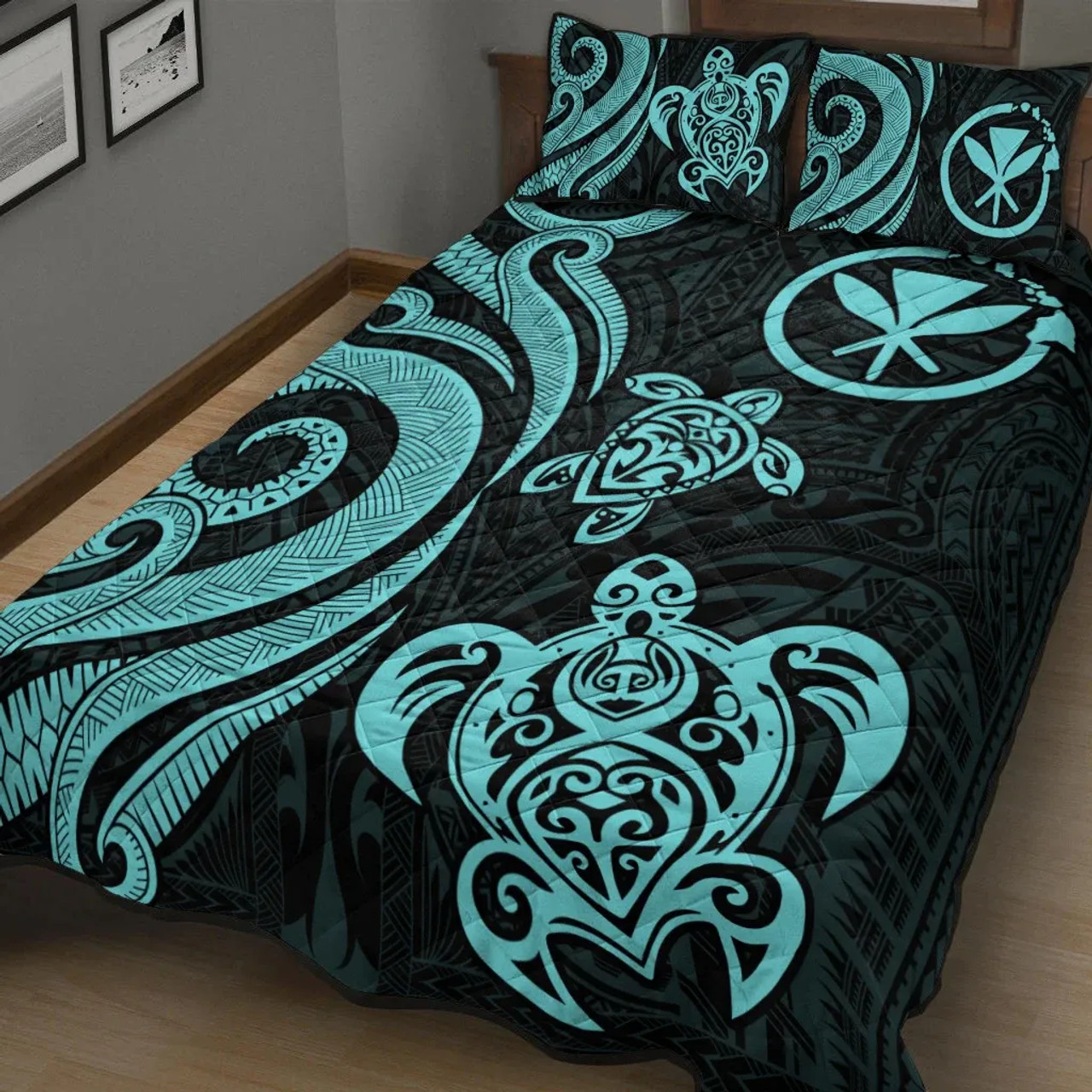 Hawaii Quilt Bed Set Turquoise Tentacle Turtle