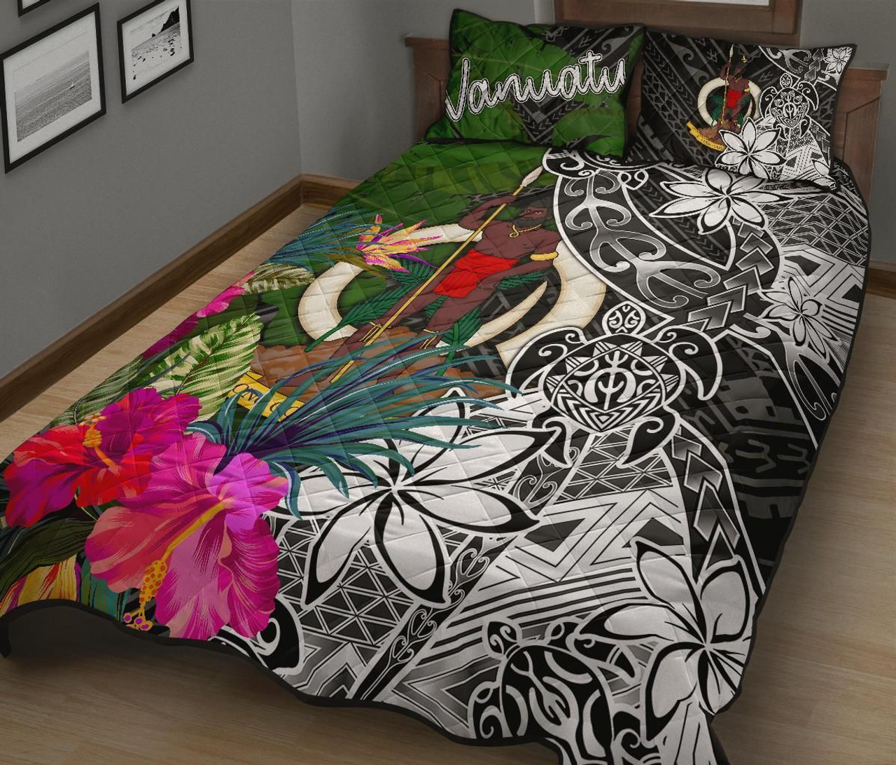 Vanuatu Quilt Bed Set Turtle Plumeria Banana Leaf
