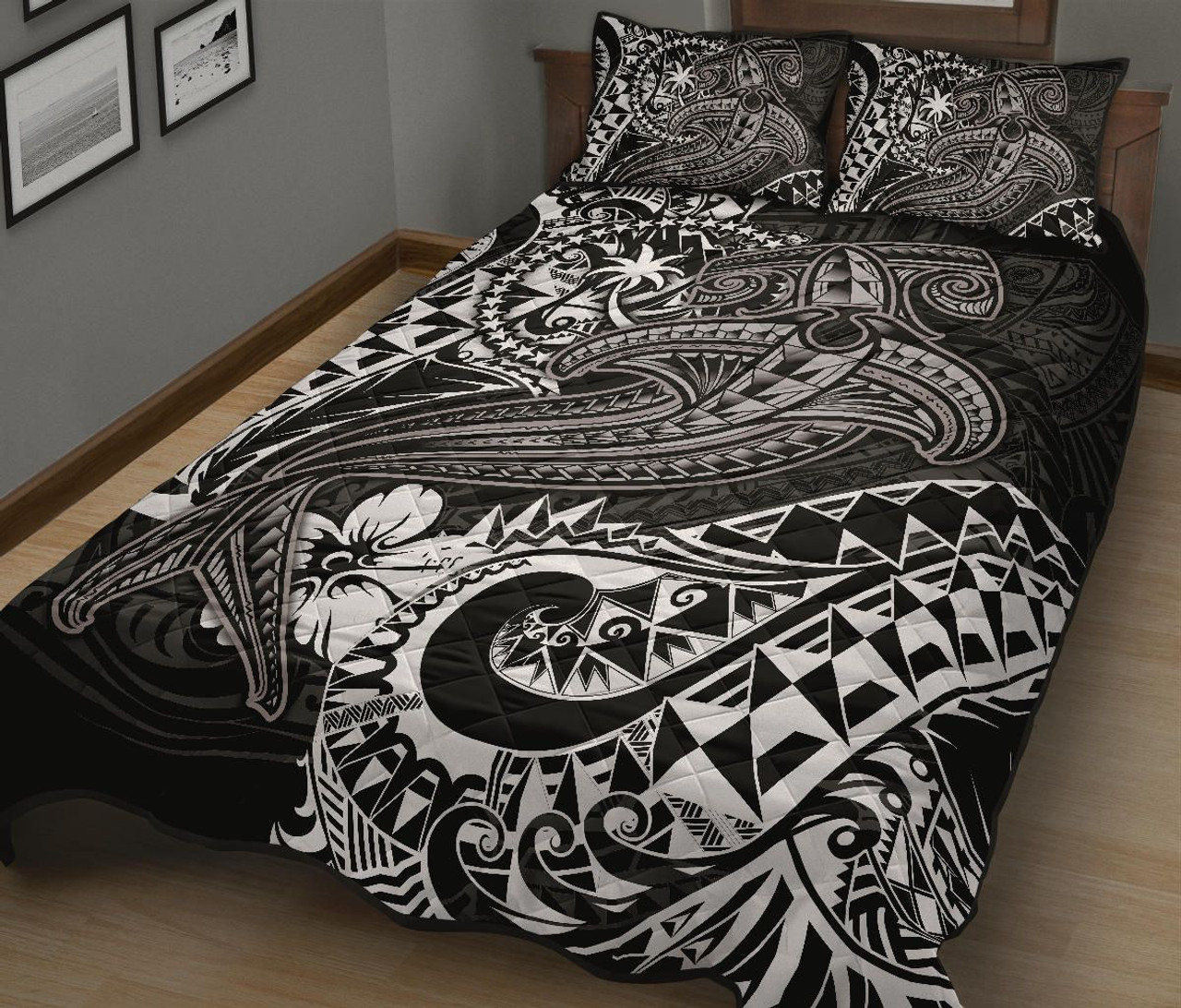 Chuuk Quilt Bed Set White Shark Polynesian Tattoo