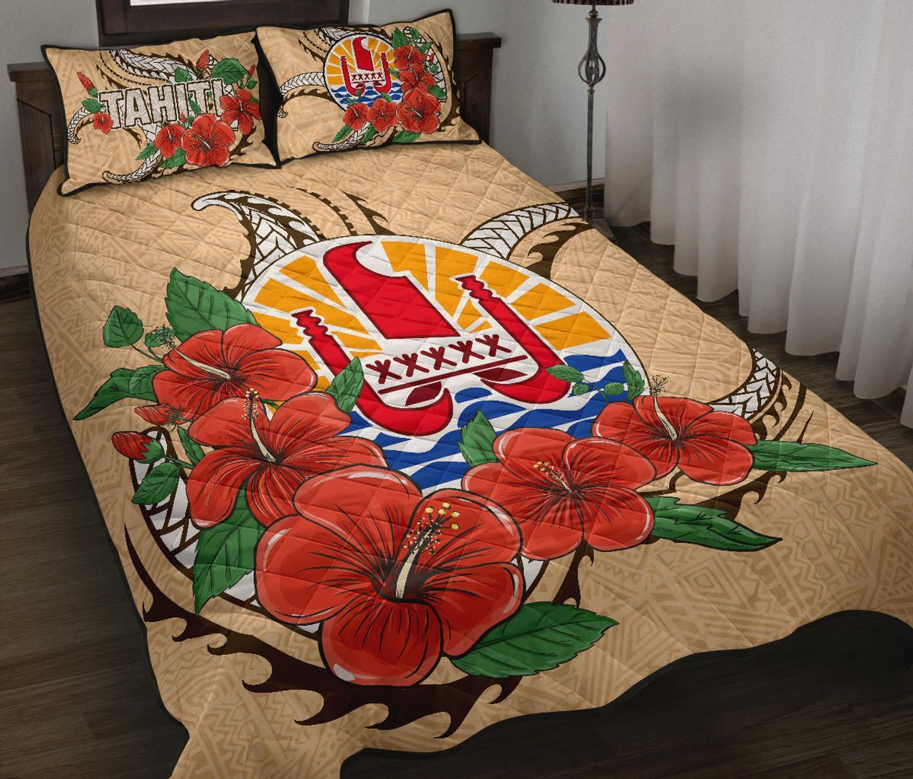Tahiti Polynesian Quilt Bed Set Hibiscus Coat Of Arm Beige