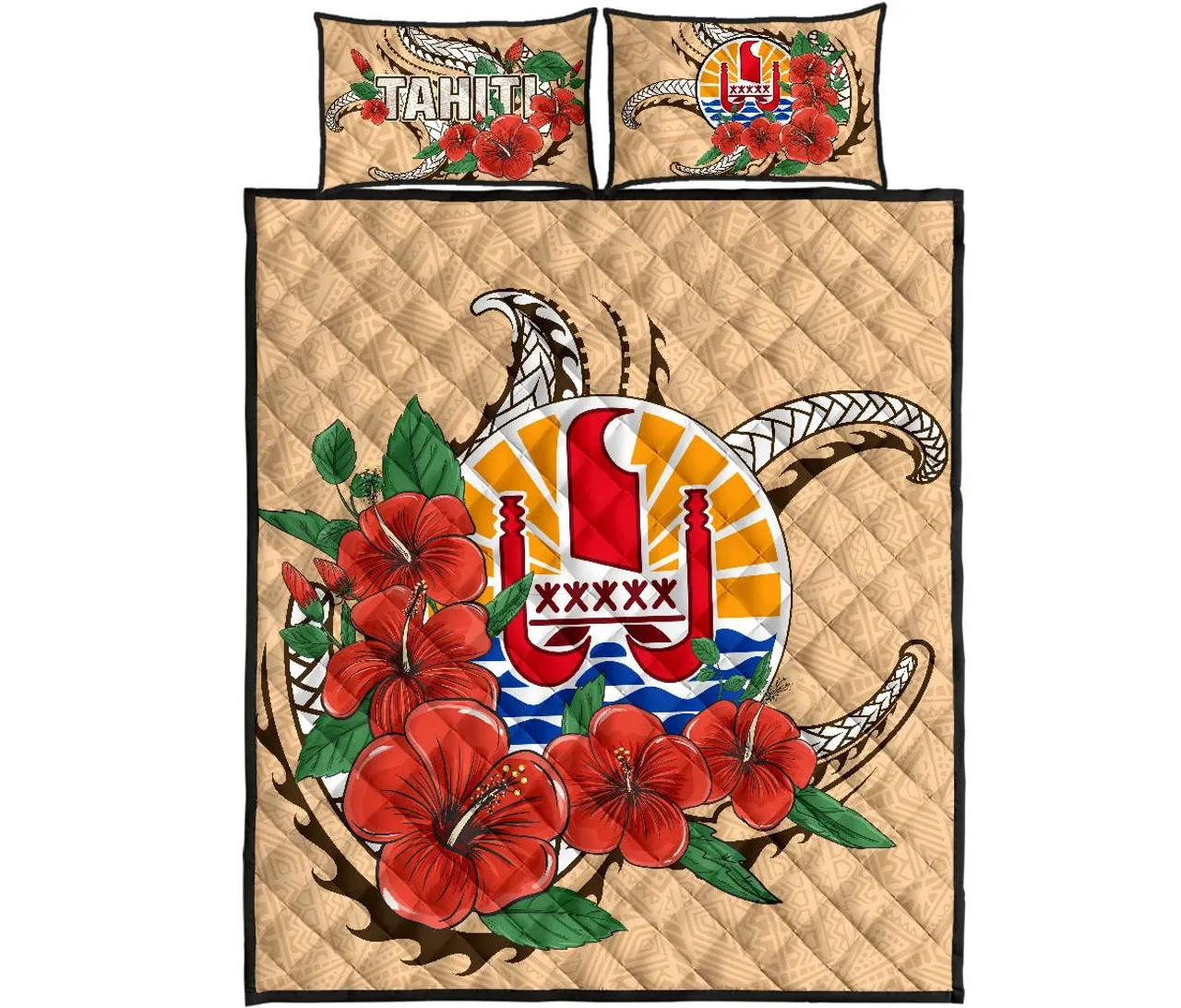 Tahiti Polynesian Quilt Bed Set Hibiscus Coat Of Arm Beige