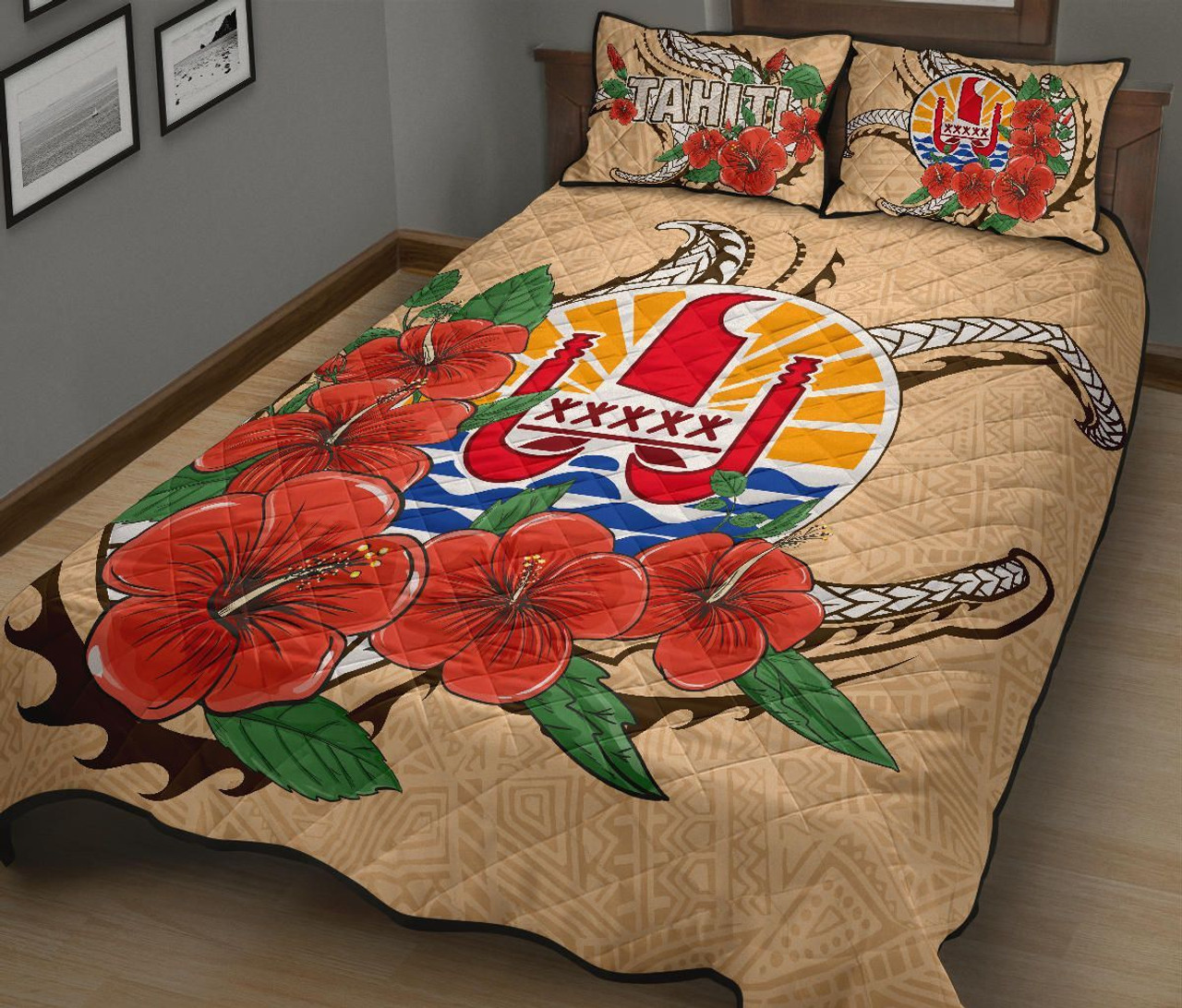 Tahiti Polynesian Quilt Bed Set Hibiscus Coat Of Arm Beige