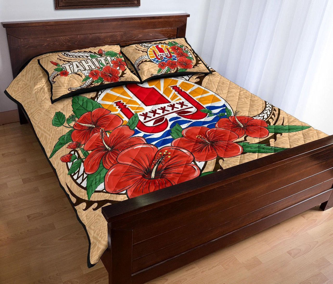 Tahiti Polynesian Quilt Bed Set Hibiscus Coat Of Arm Beige