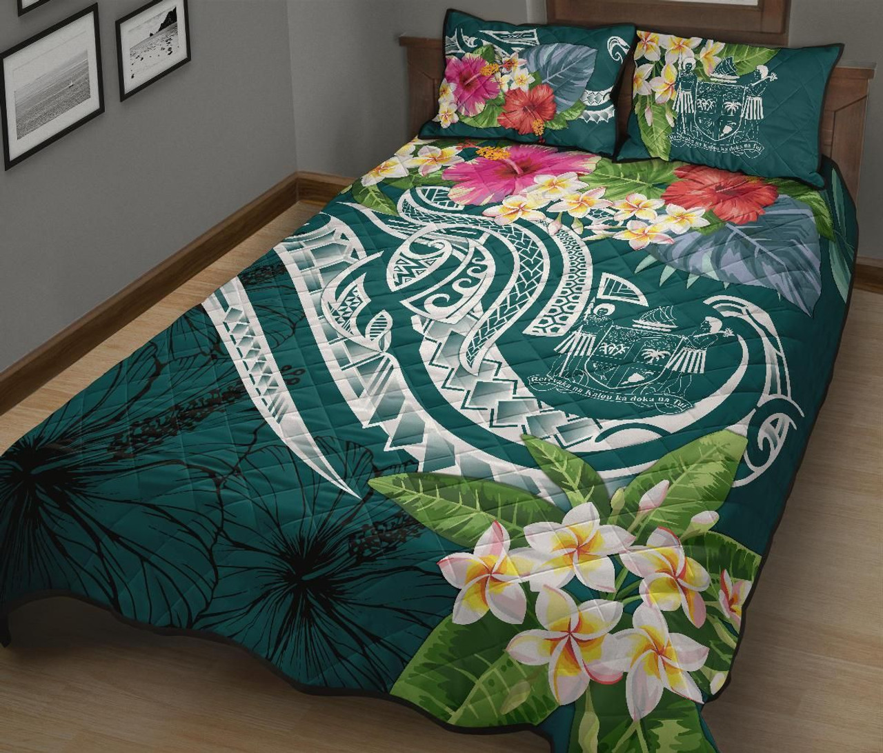 Fiji Polynesian Quilt Bed Set Summer Plumeria Turquoise
