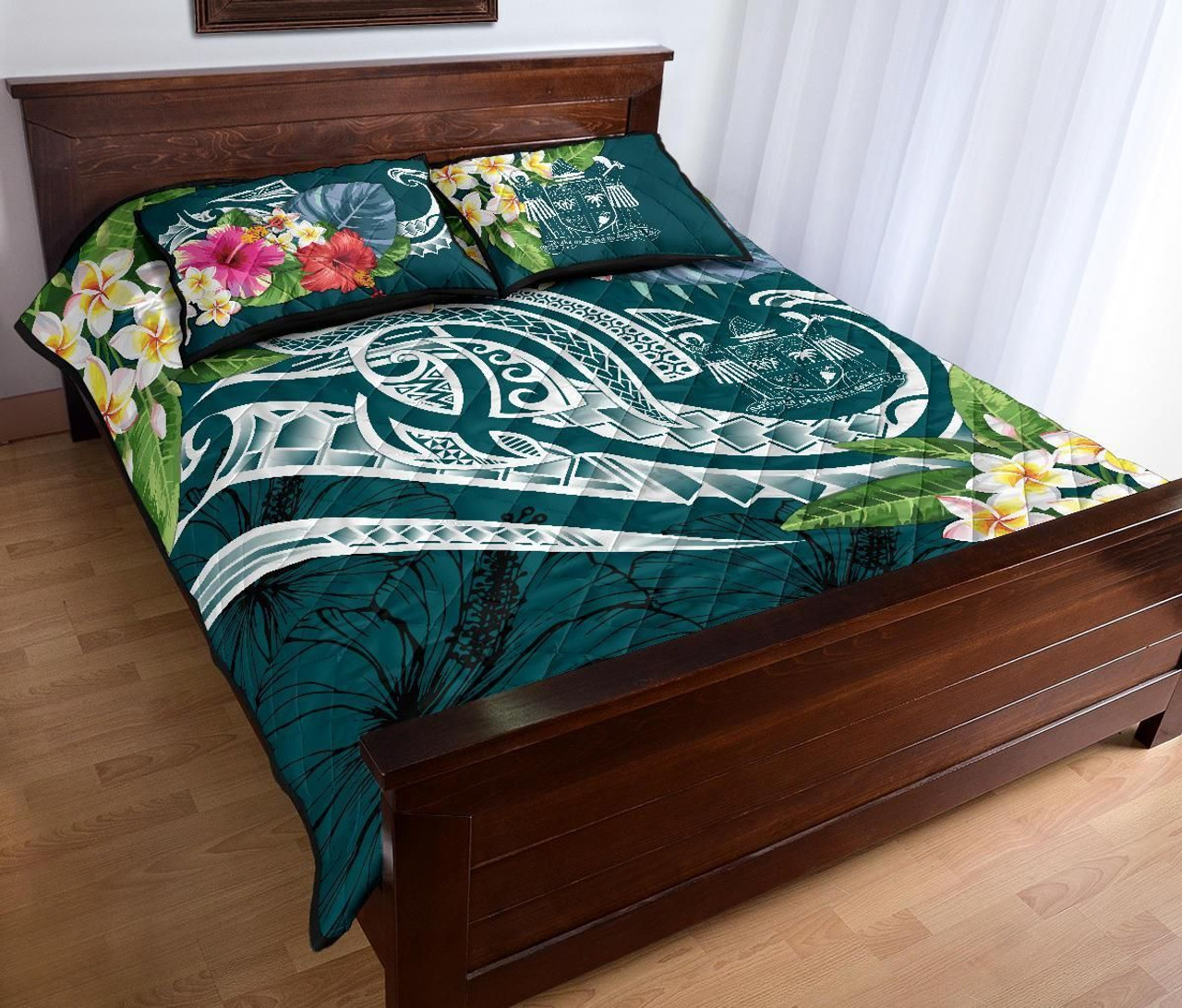 Fiji Polynesian Quilt Bed Set Summer Plumeria Turquoise