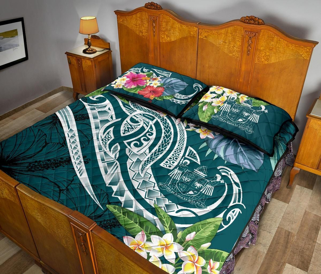 Fiji Polynesian Quilt Bed Set Summer Plumeria Turquoise