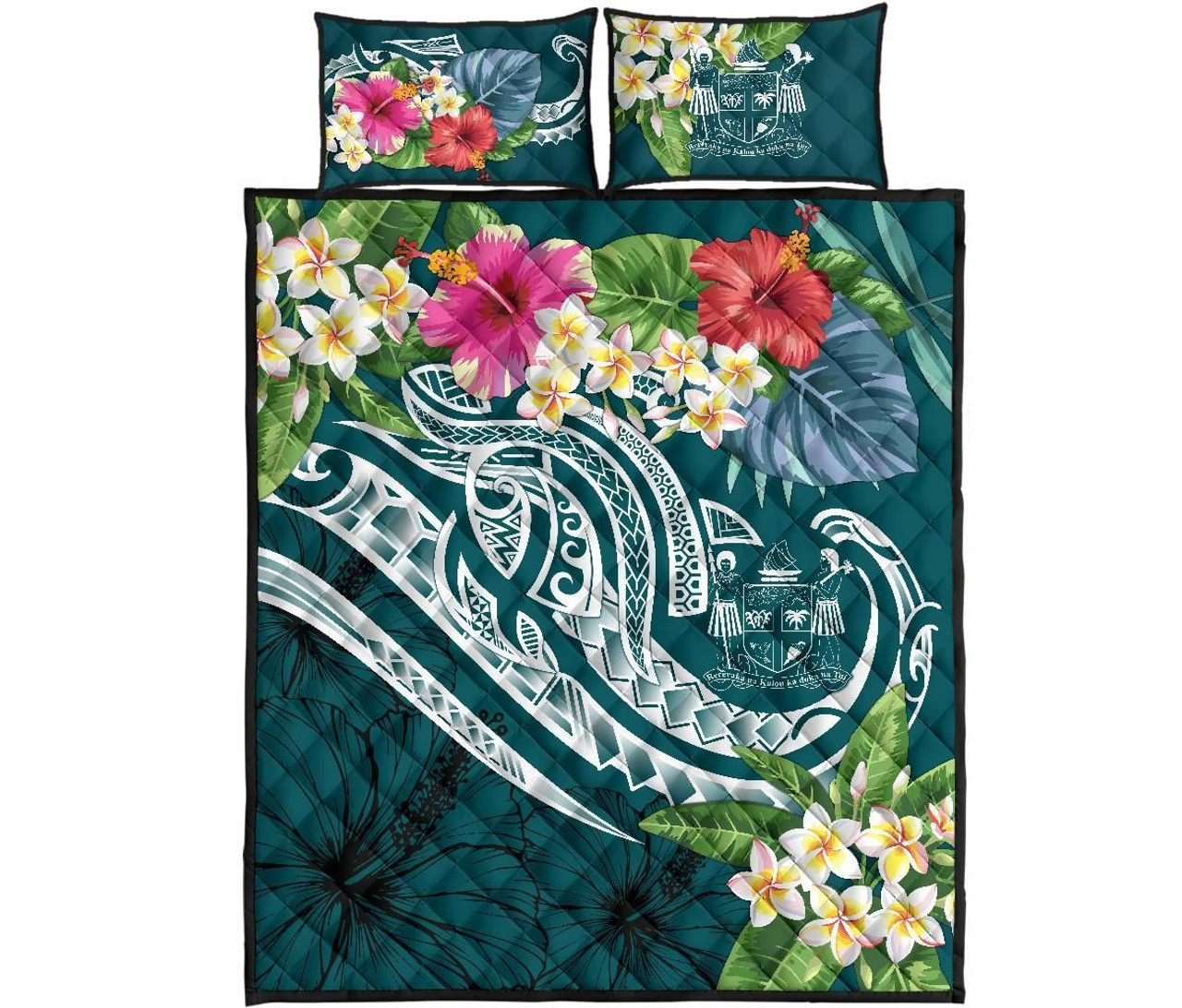 Fiji Polynesian Quilt Bed Set Summer Plumeria Turquoise