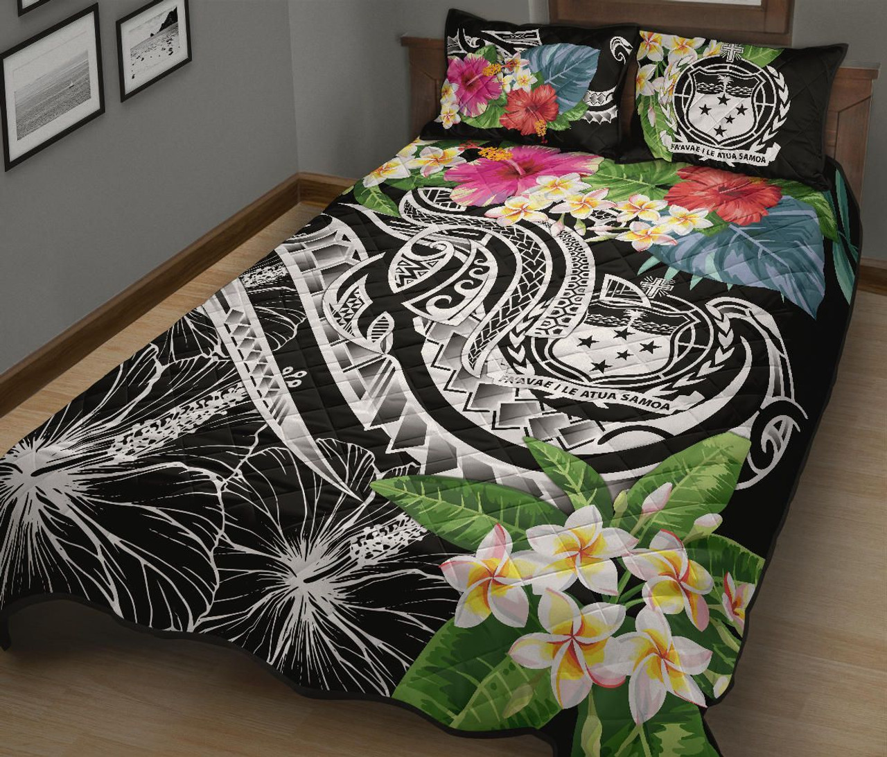 Polynesian Samoa Quilt Bed Set Summer Plumeria Black