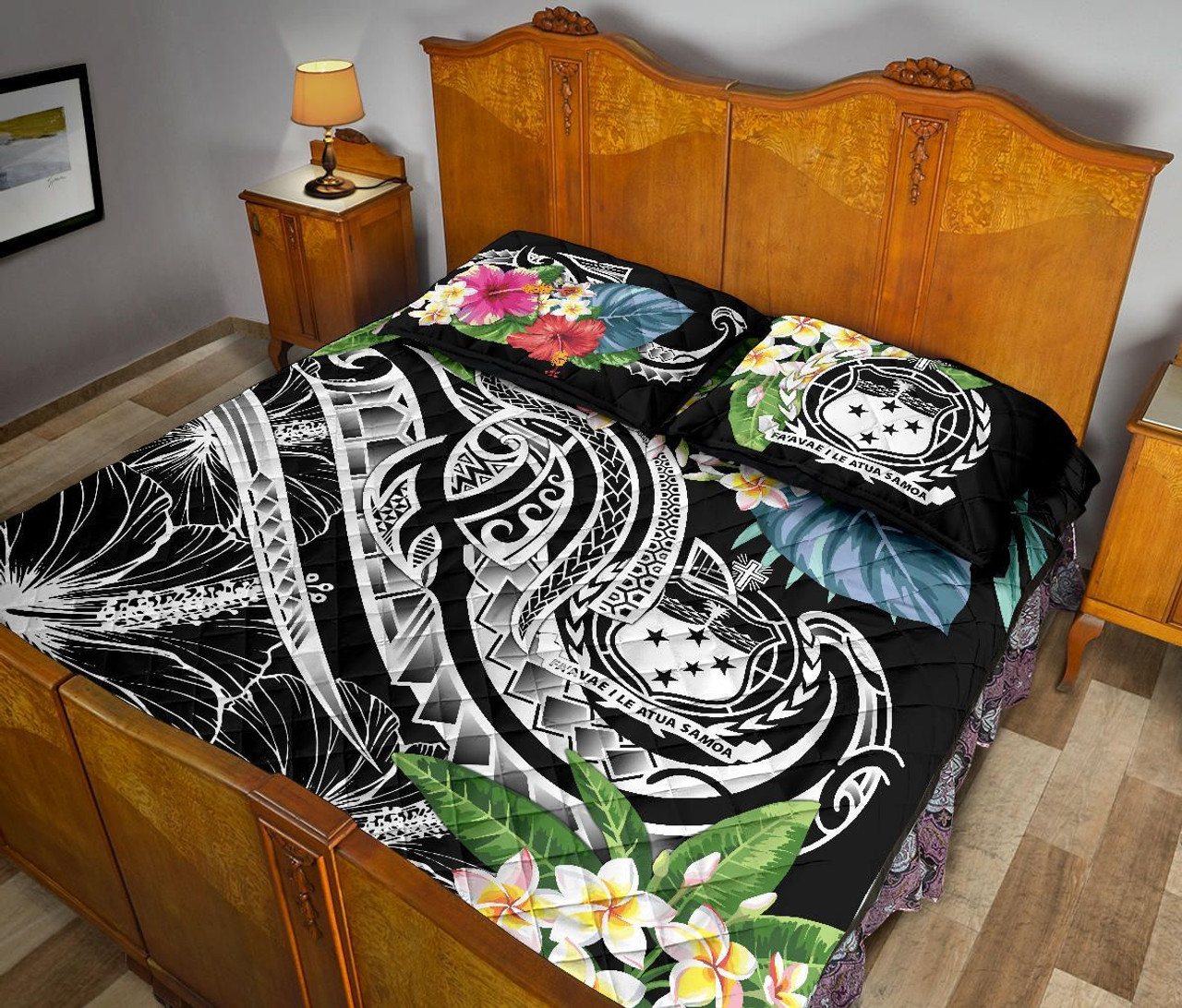 Polynesian Samoa Quilt Bed Set Summer Plumeria Black