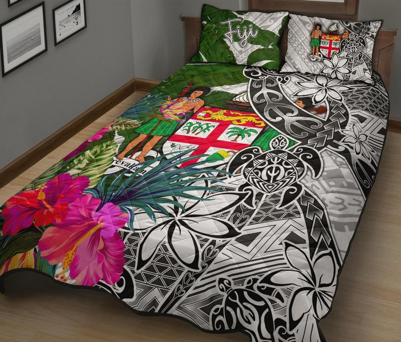 Fiji Quilt Bed Set White Turtle Plumeria Banana Leaf Crest