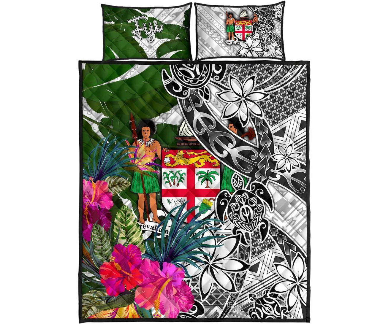 Fiji Quilt Bed Set White Turtle Plumeria Banana Leaf Crest