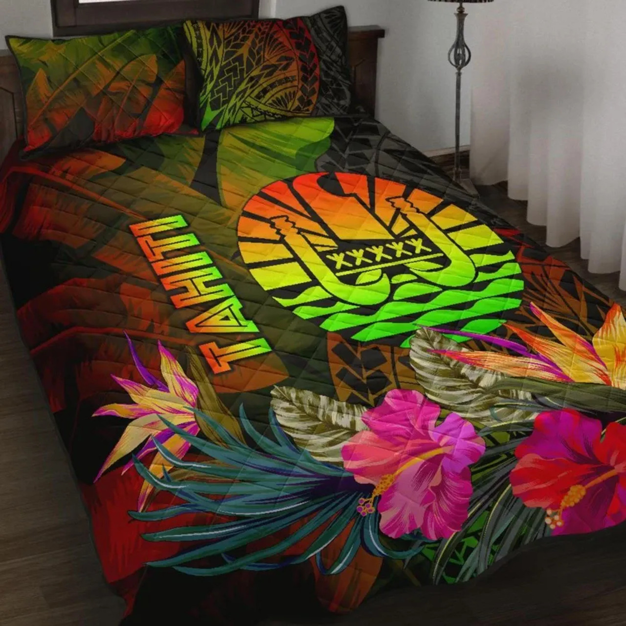 Tahiti Polynesian Quilt Bed Set Hibiscus And Banana Leaves