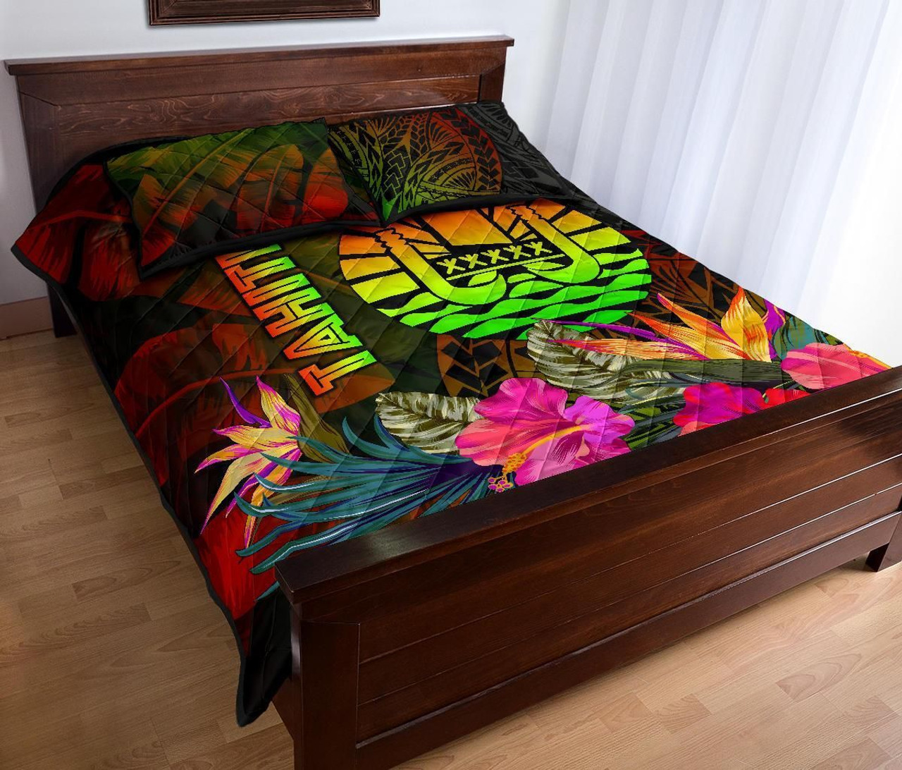 Tahiti Polynesian Quilt Bed Set Hibiscus And Banana Leaves