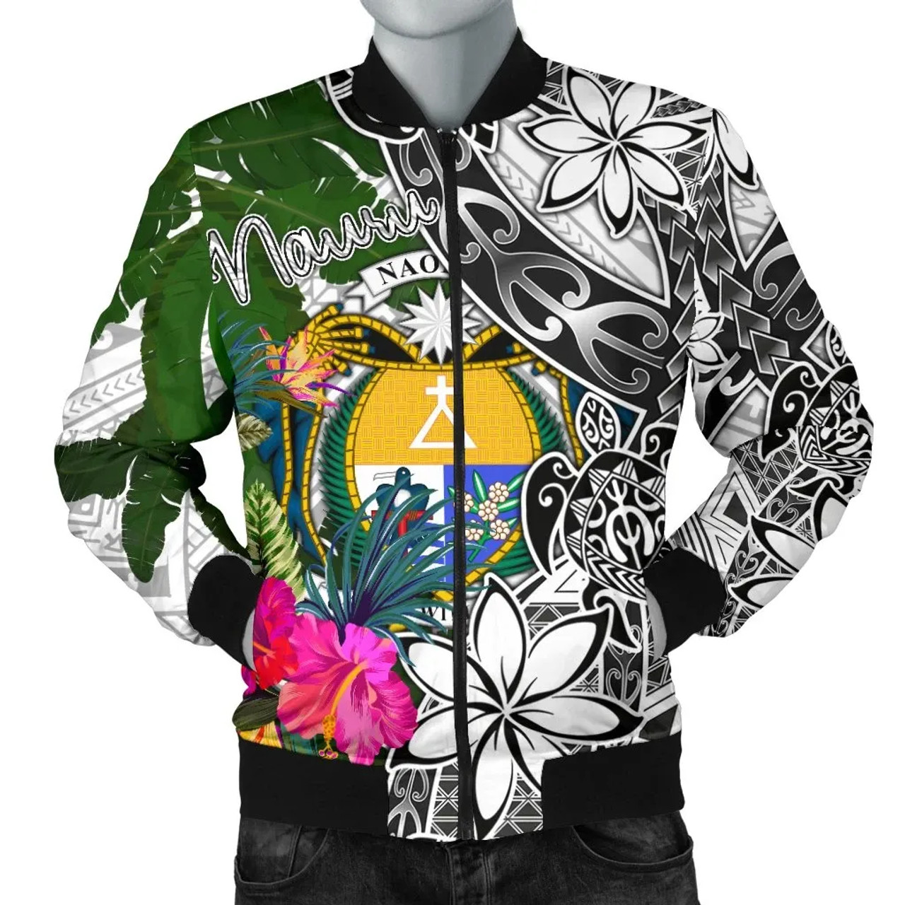 Nauru Bomber Jacket White Turtle Plumeria Banana Leaf Crest