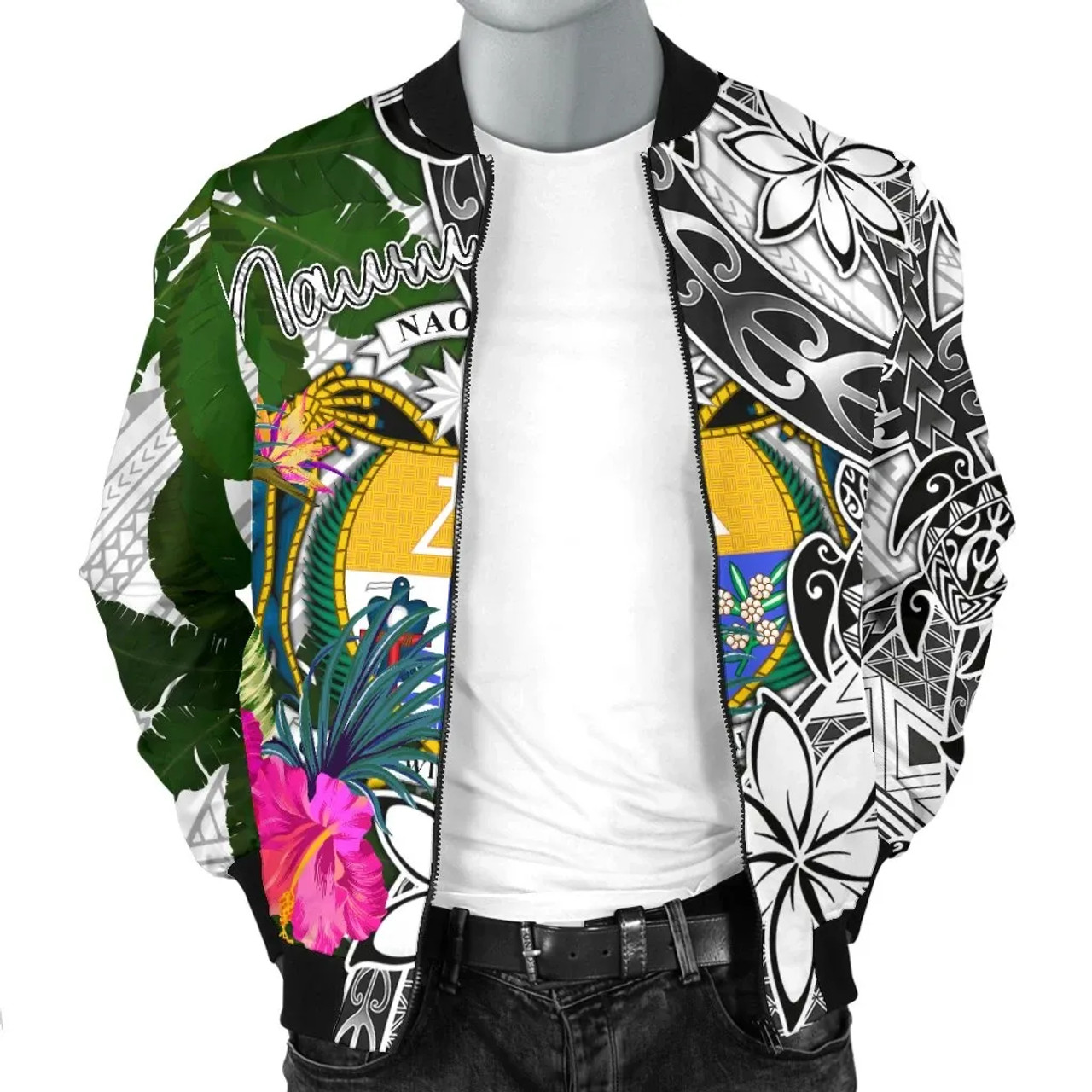 Nauru Bomber Jacket White Turtle Plumeria Banana Leaf Crest