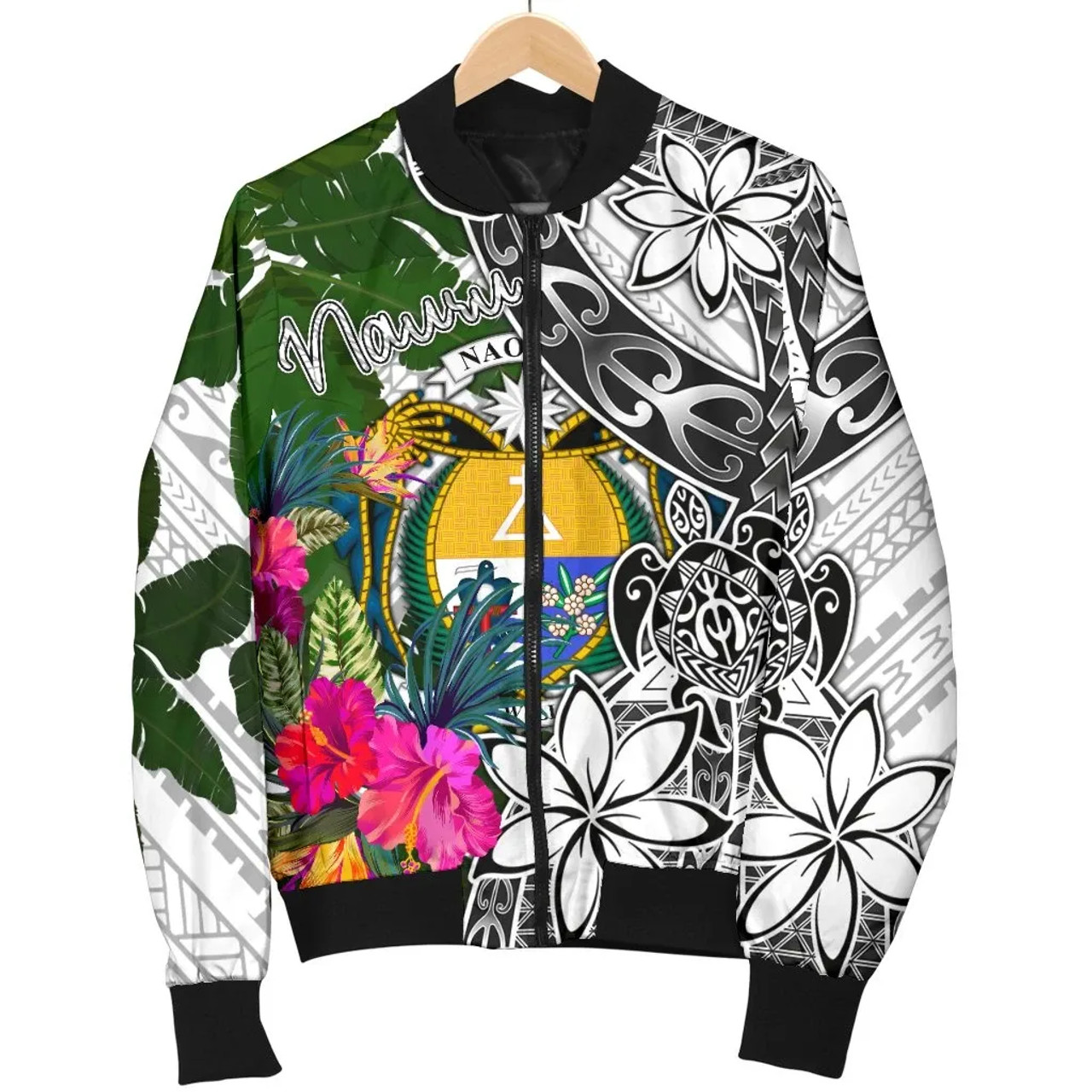 Nauru Bomber Jacket White Turtle Plumeria Banana Leaf Crest