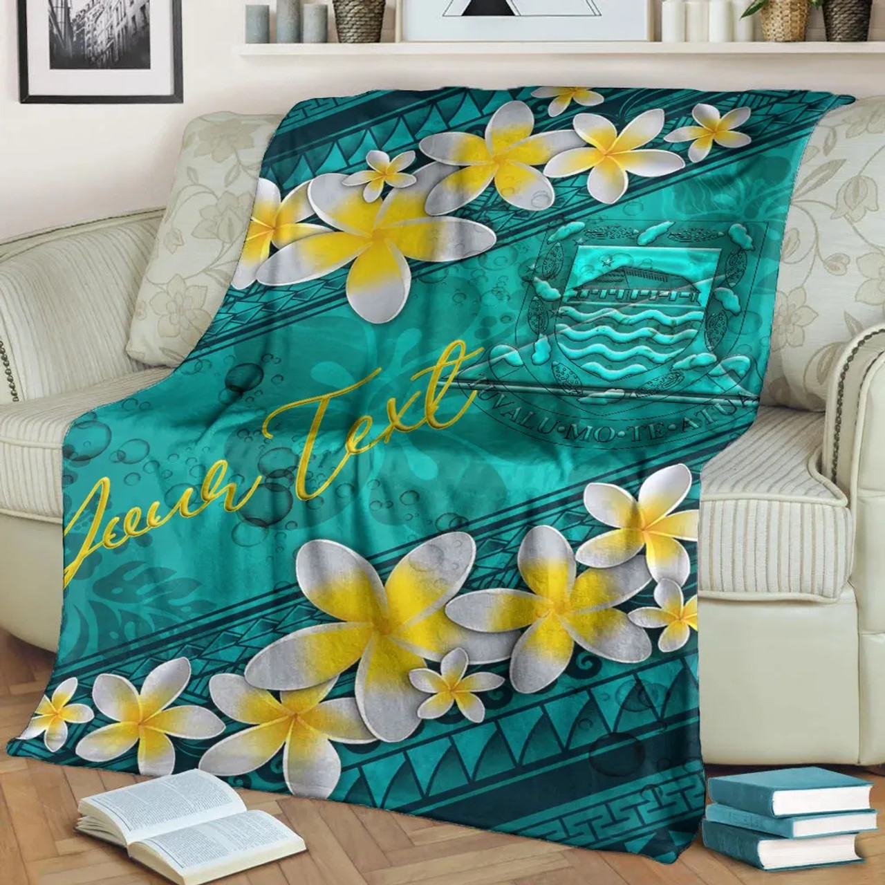 Tuvalu Polynesian Custom Personalised Blanket Plumeria With Blue Ocean