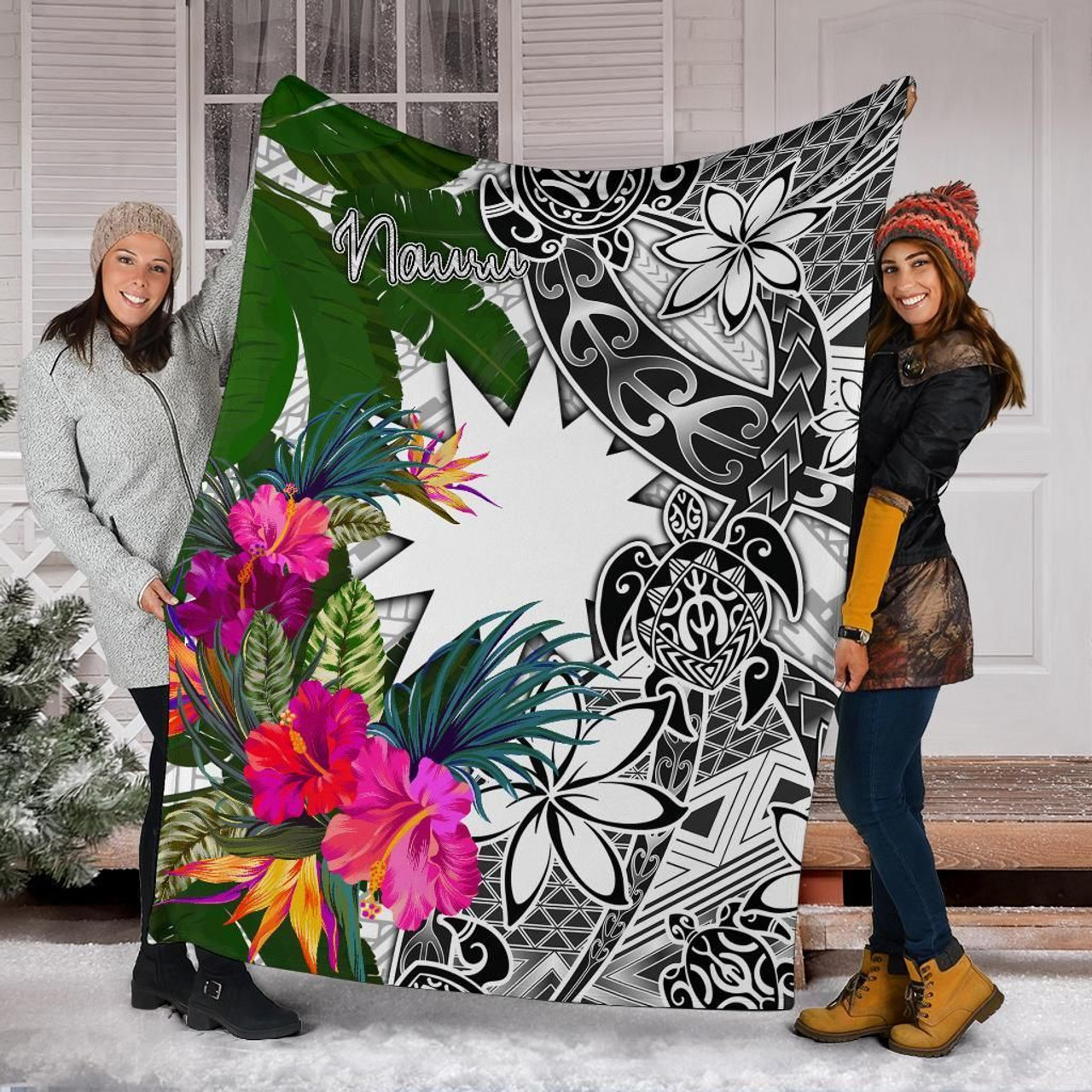 Nauru Premium Blanket White Turtle Plumeria Banana Leaf