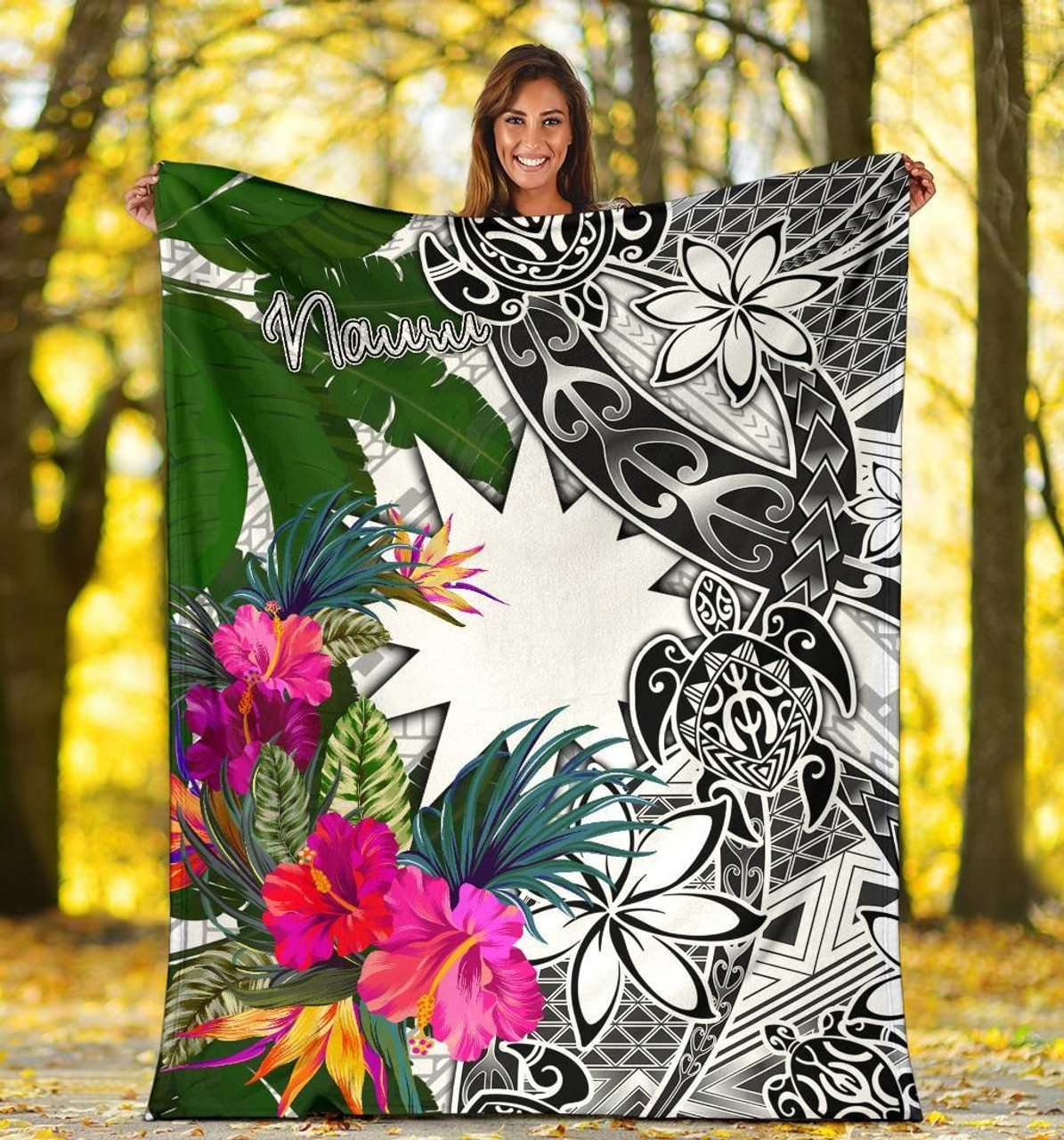 Nauru Premium Blanket White Turtle Plumeria Banana Leaf