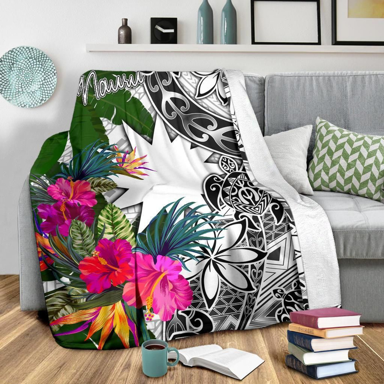 Nauru Premium Blanket White Turtle Plumeria Banana Leaf