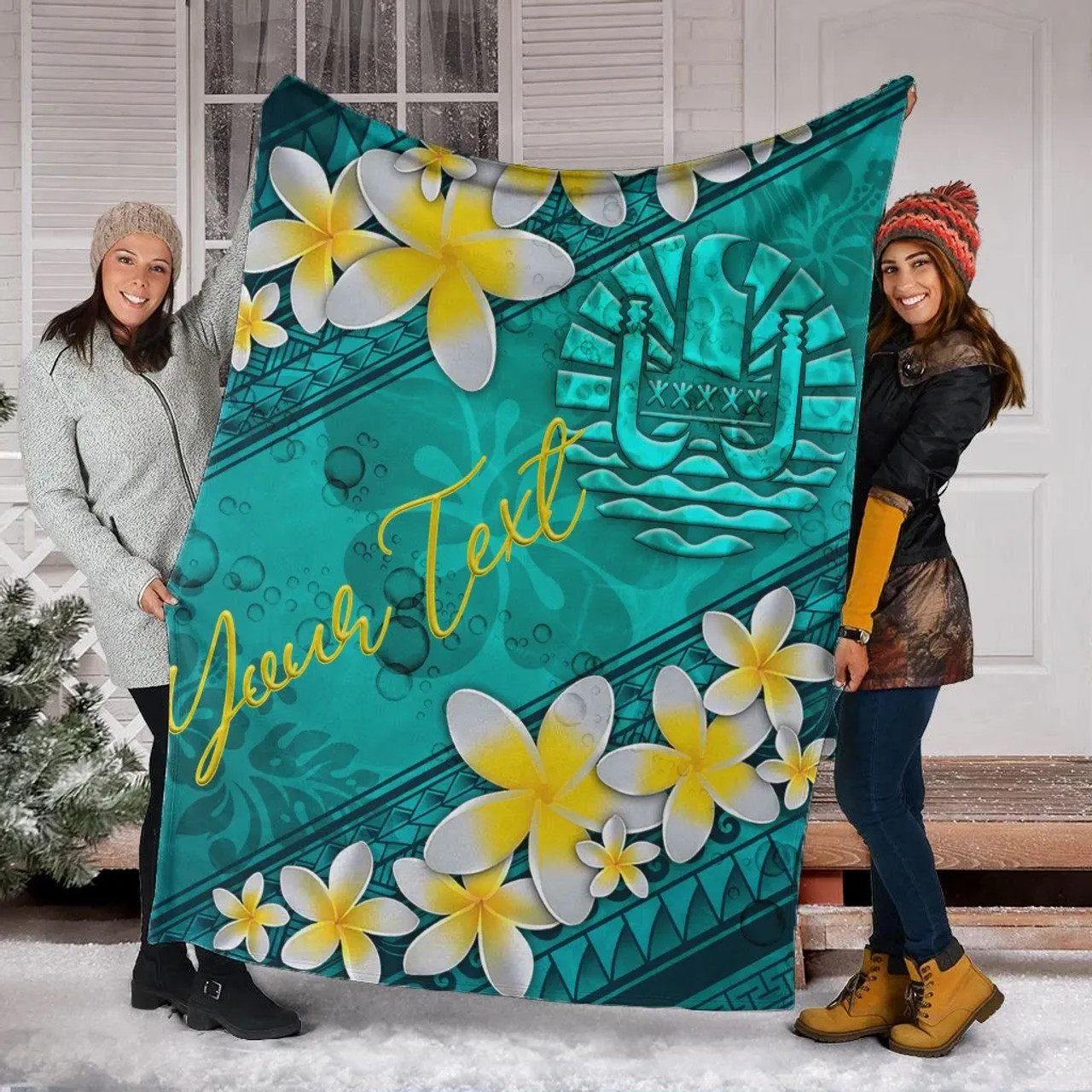 Tahiti Polynesian Custom Personalised Blanket Plumeria With Blue Ocean