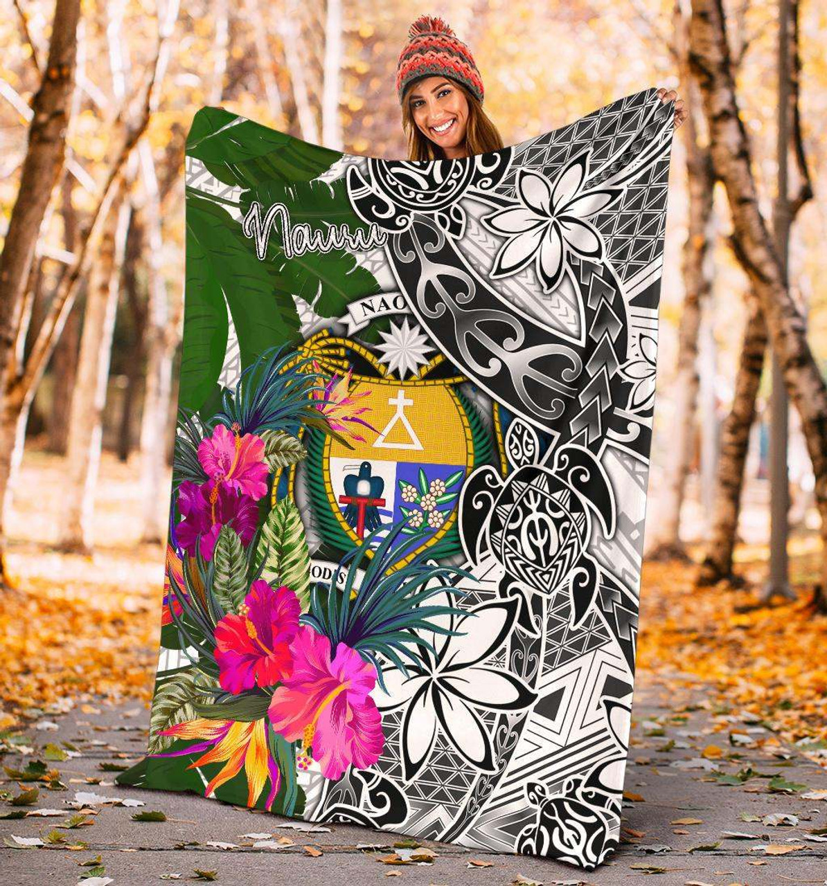 Nauru Premium Blanket White Turtle Plumeria Banana Leaf Crest