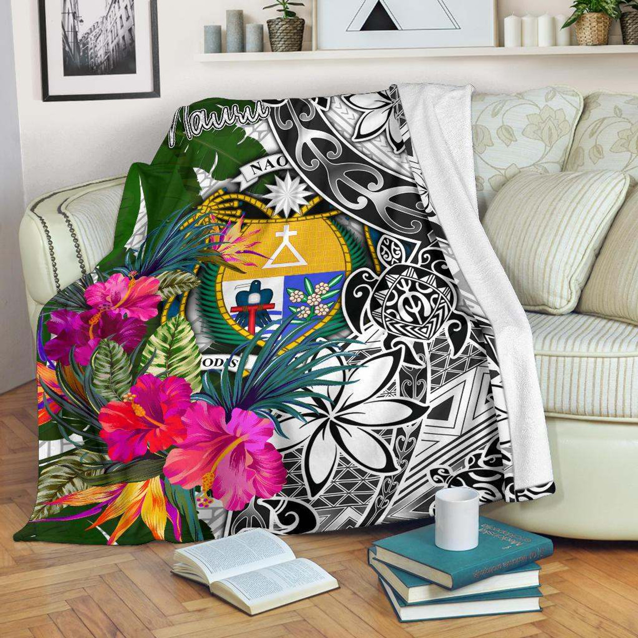 Nauru Premium Blanket White Turtle Plumeria Banana Leaf Crest