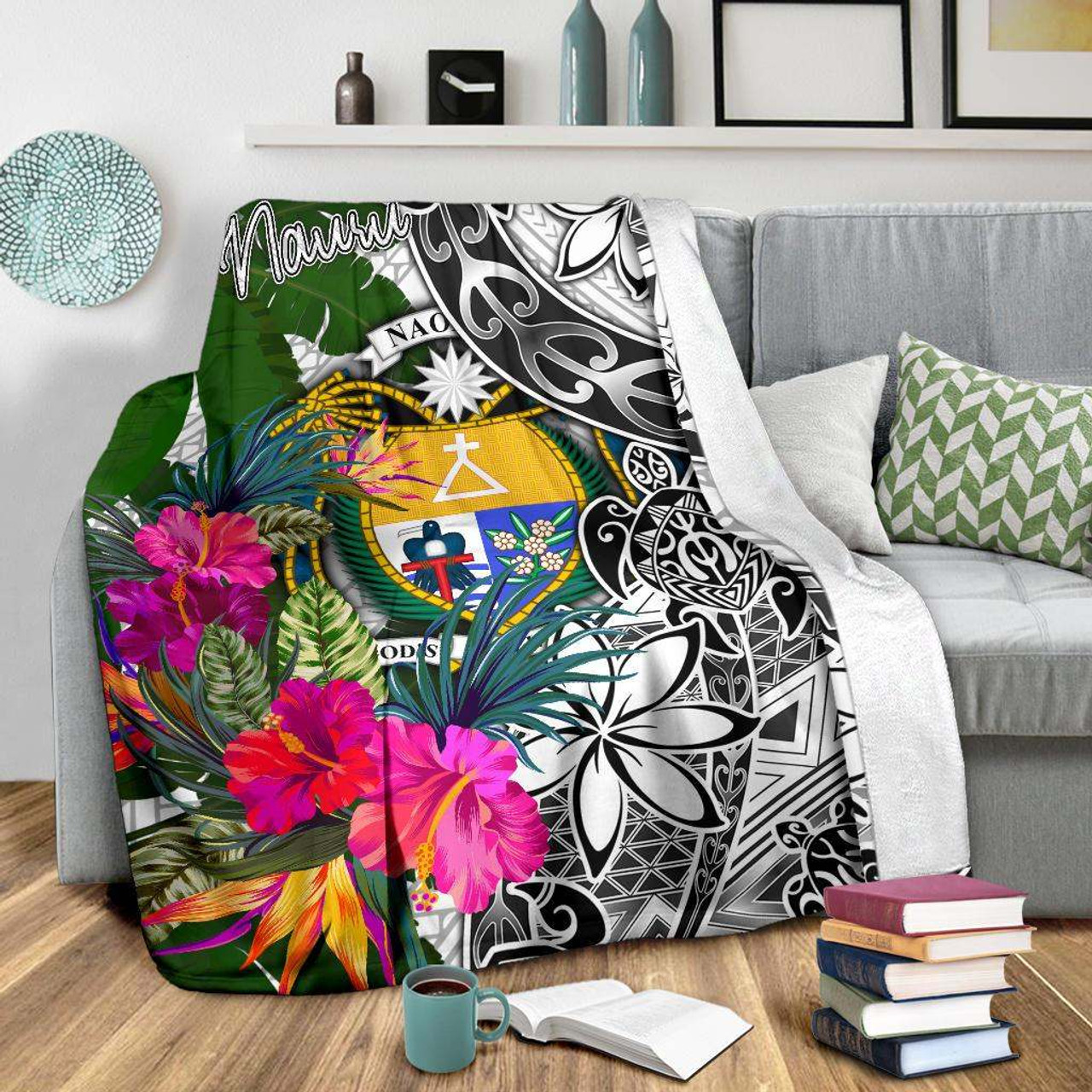 Nauru Premium Blanket White Turtle Plumeria Banana Leaf Crest