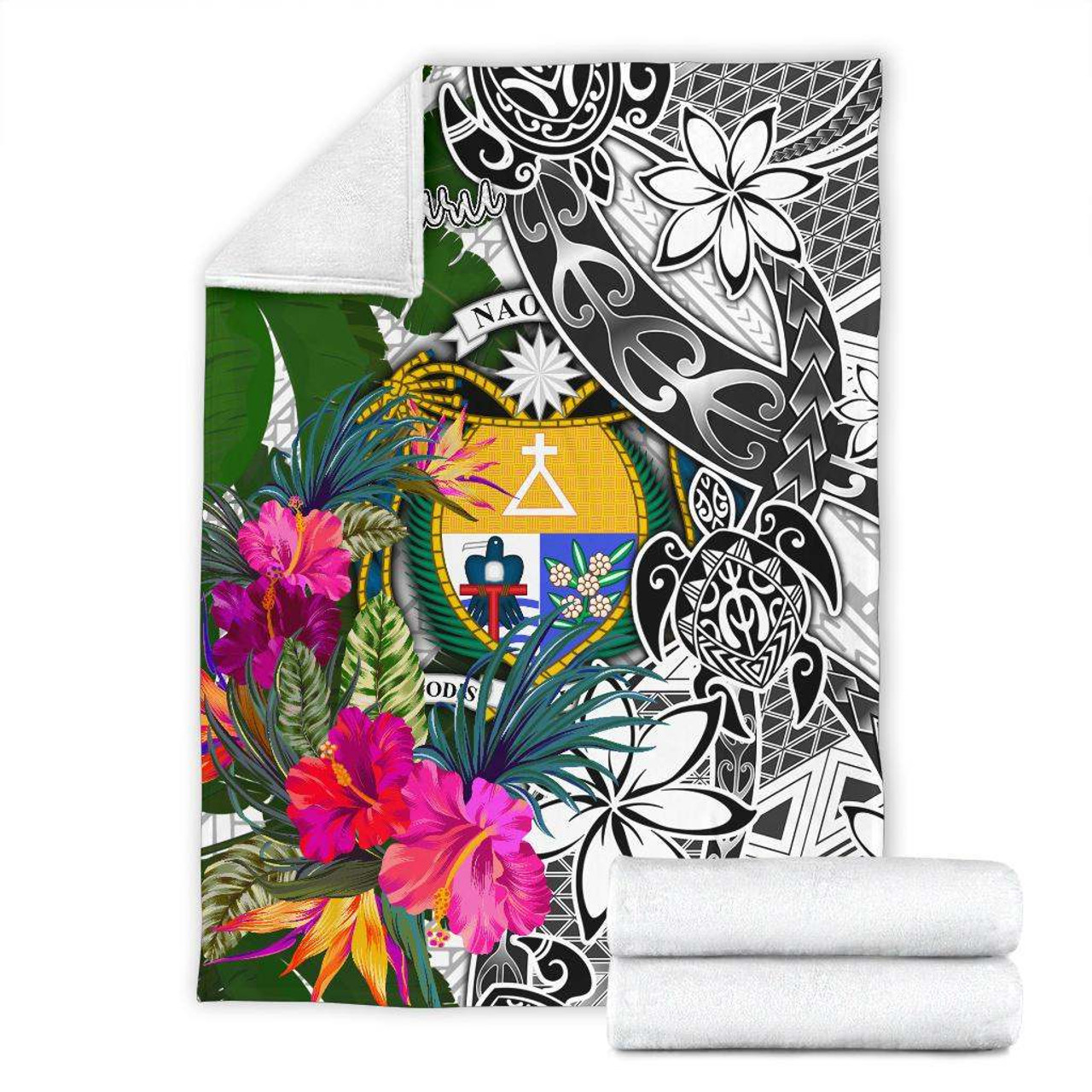 Nauru Premium Blanket White Turtle Plumeria Banana Leaf Crest