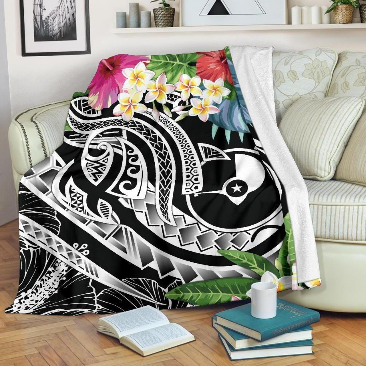 Yap Polynesian Premium Blanket Summer Plumeria Black