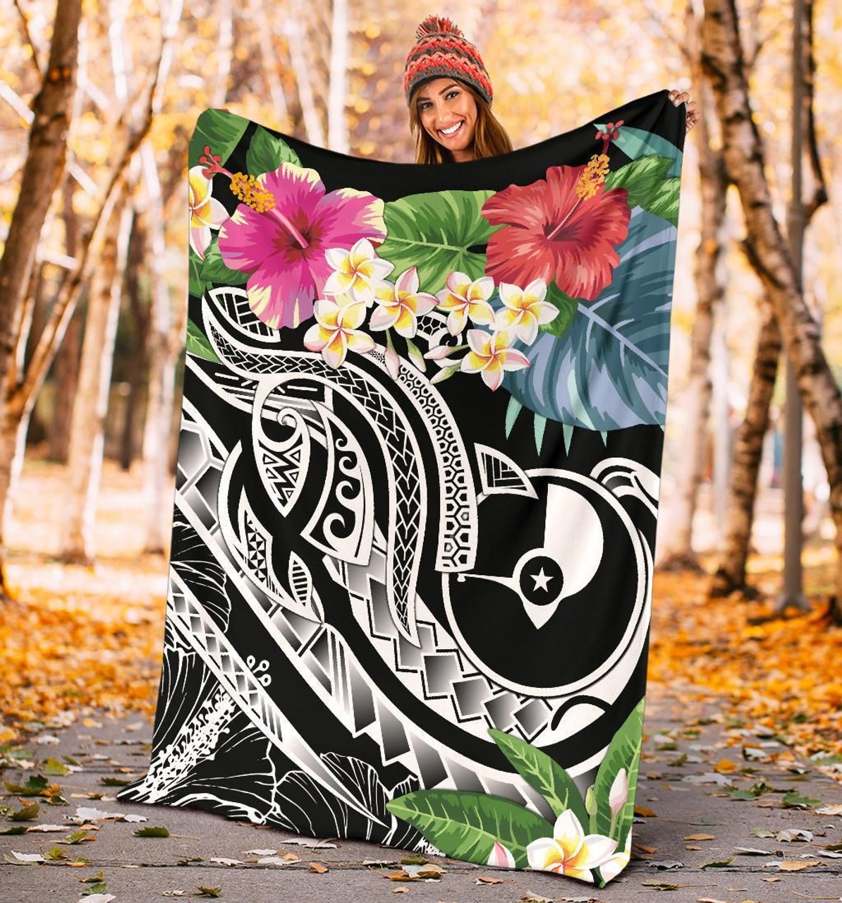 Yap Polynesian Premium Blanket Summer Plumeria Black