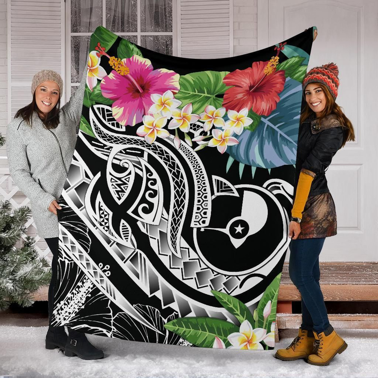 Yap Polynesian Premium Blanket Summer Plumeria Black