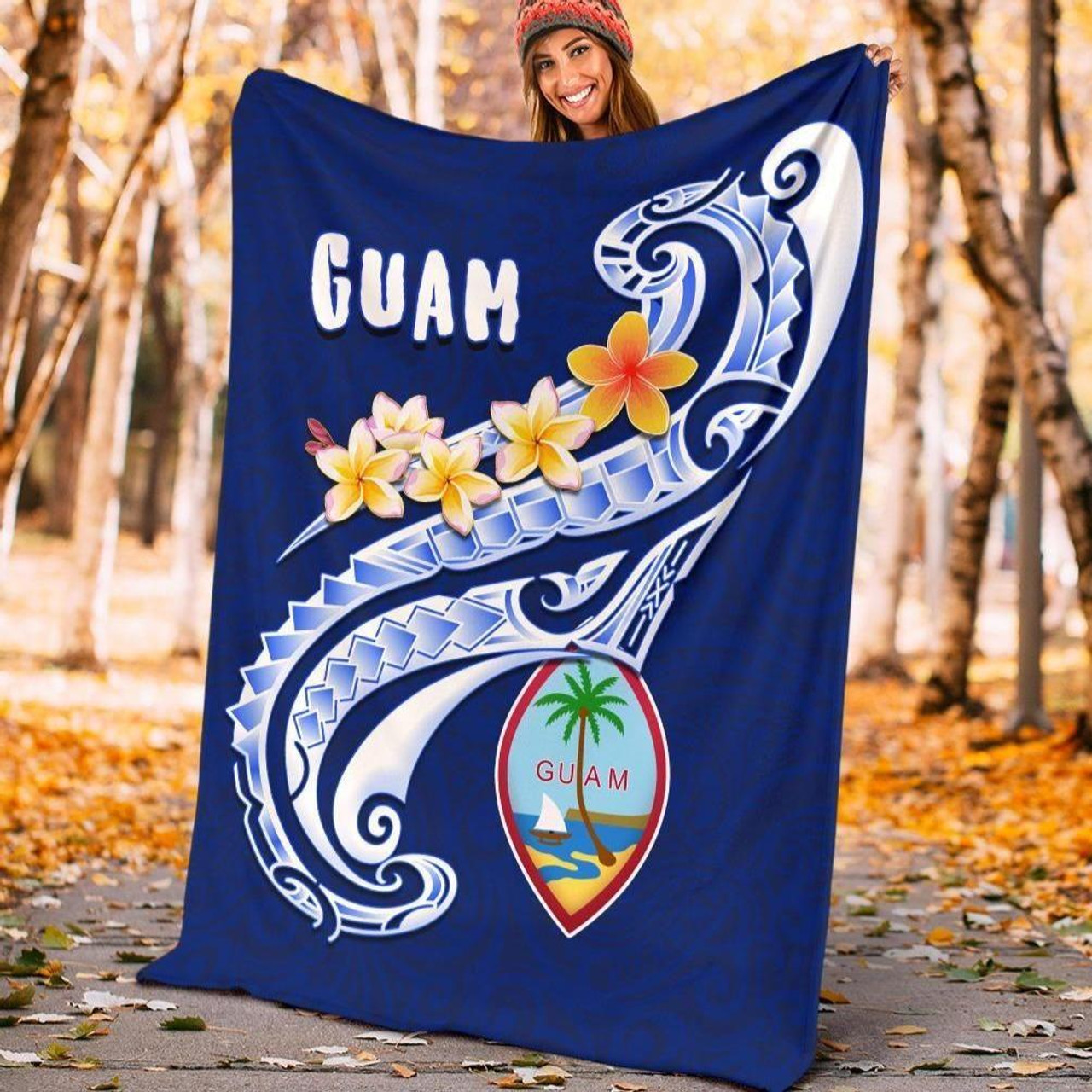 Guam Premium Blanket Guam Seal Polynesian Patterns Plumeria Blue