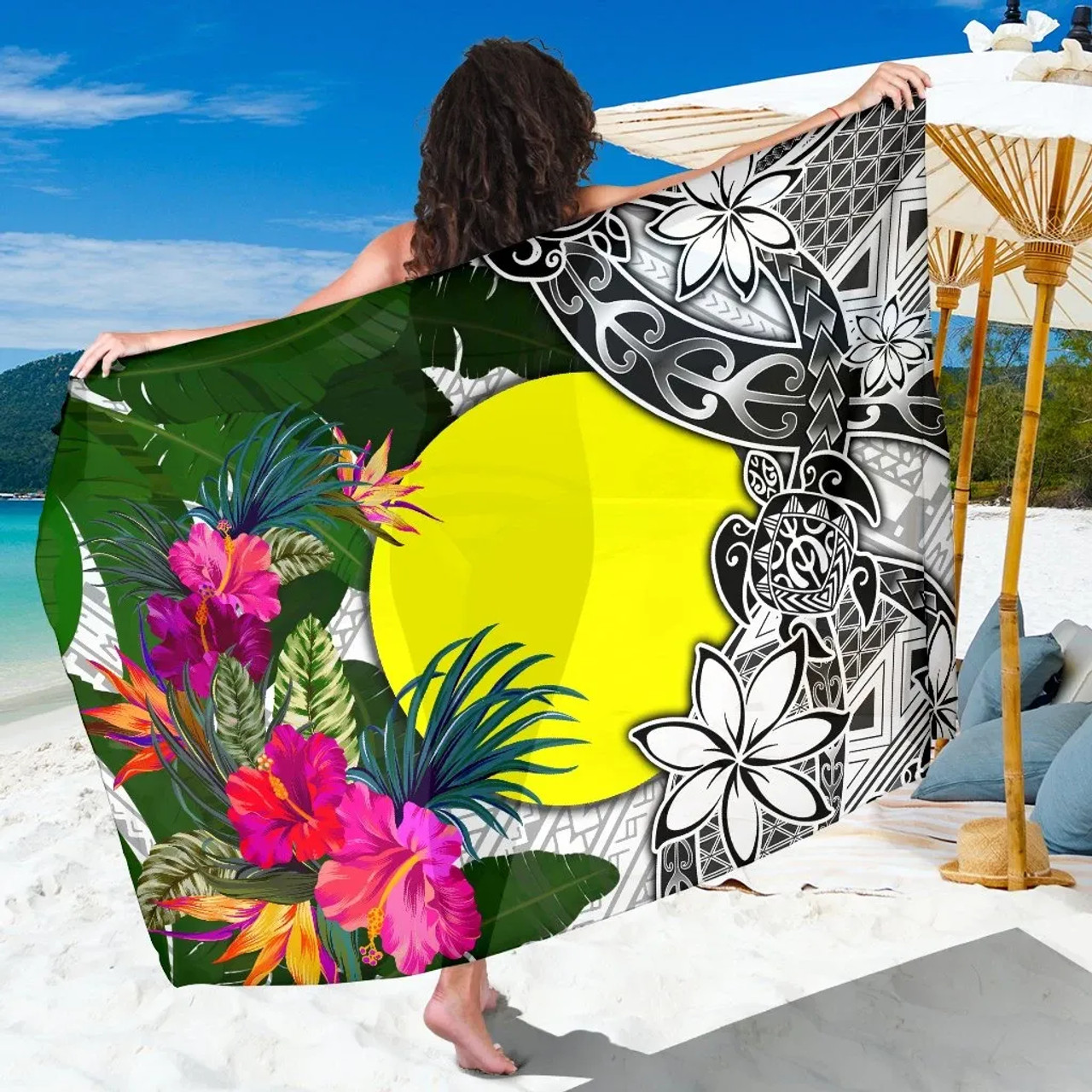 Palau Sarong White Turtle Plumeria Banana Leaf