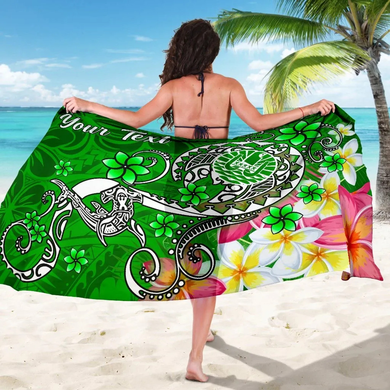 Tahiti Custom Personalised Sarong Turtle Plumeria Green