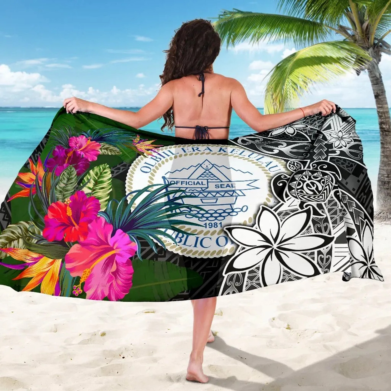 Palau Sarong Turtle Plumeria Banana Leaf Crest