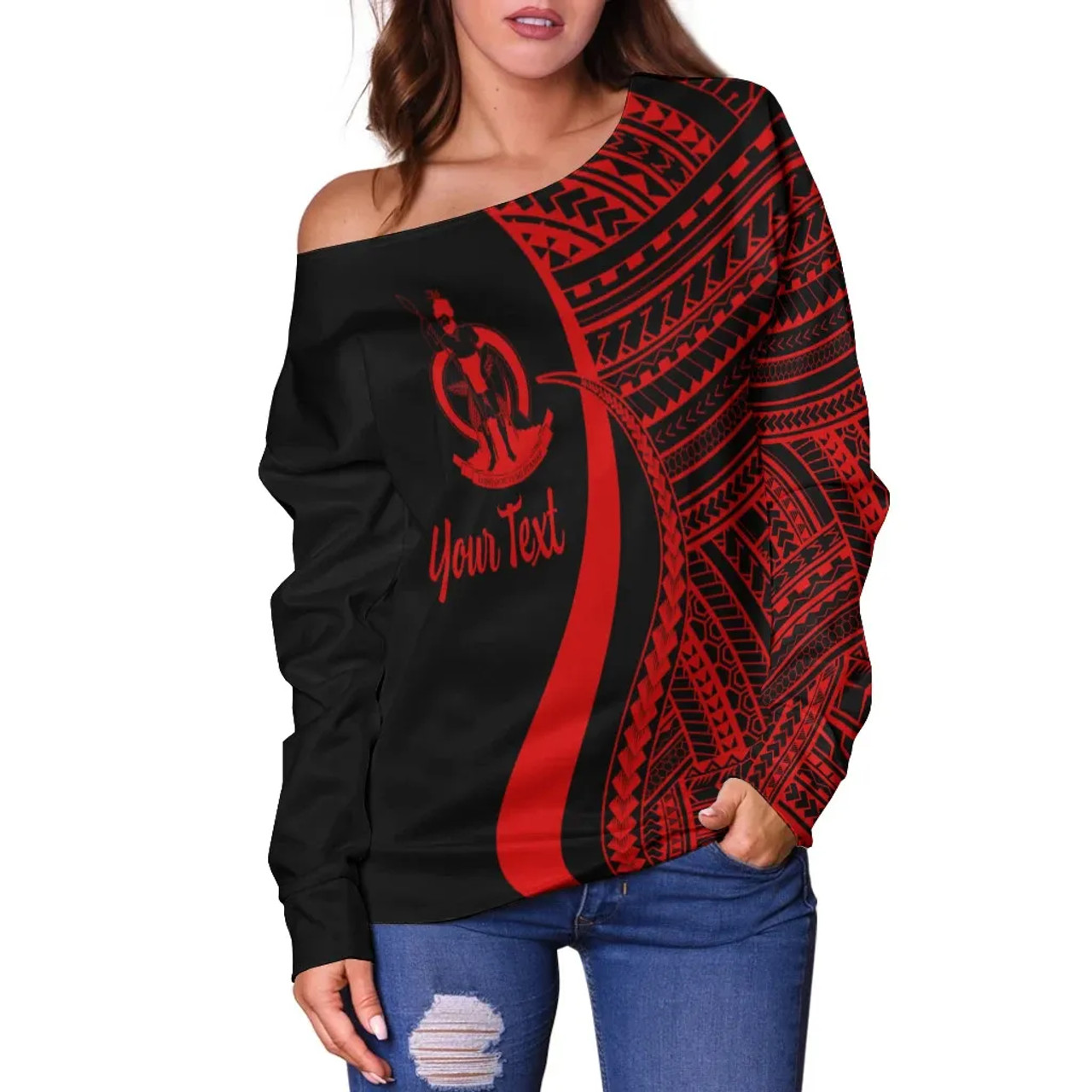 Vanuatu Custom Personalised Women Off Shoulder Sweater Red Polynesian