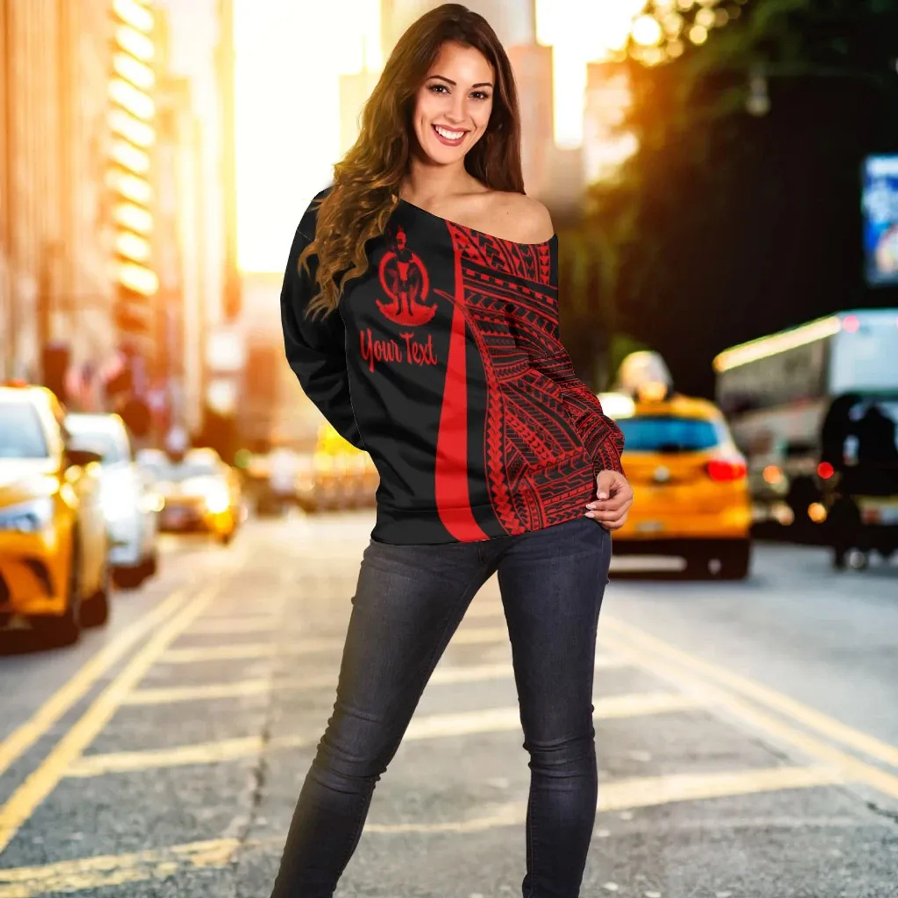 Vanuatu Custom Personalised Women Off Shoulder Sweater Red Polynesian