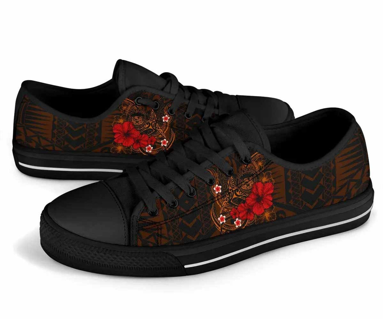 Polynesian Hawaii Low Top Shoes Humpback Whale With Hibiscus Golden